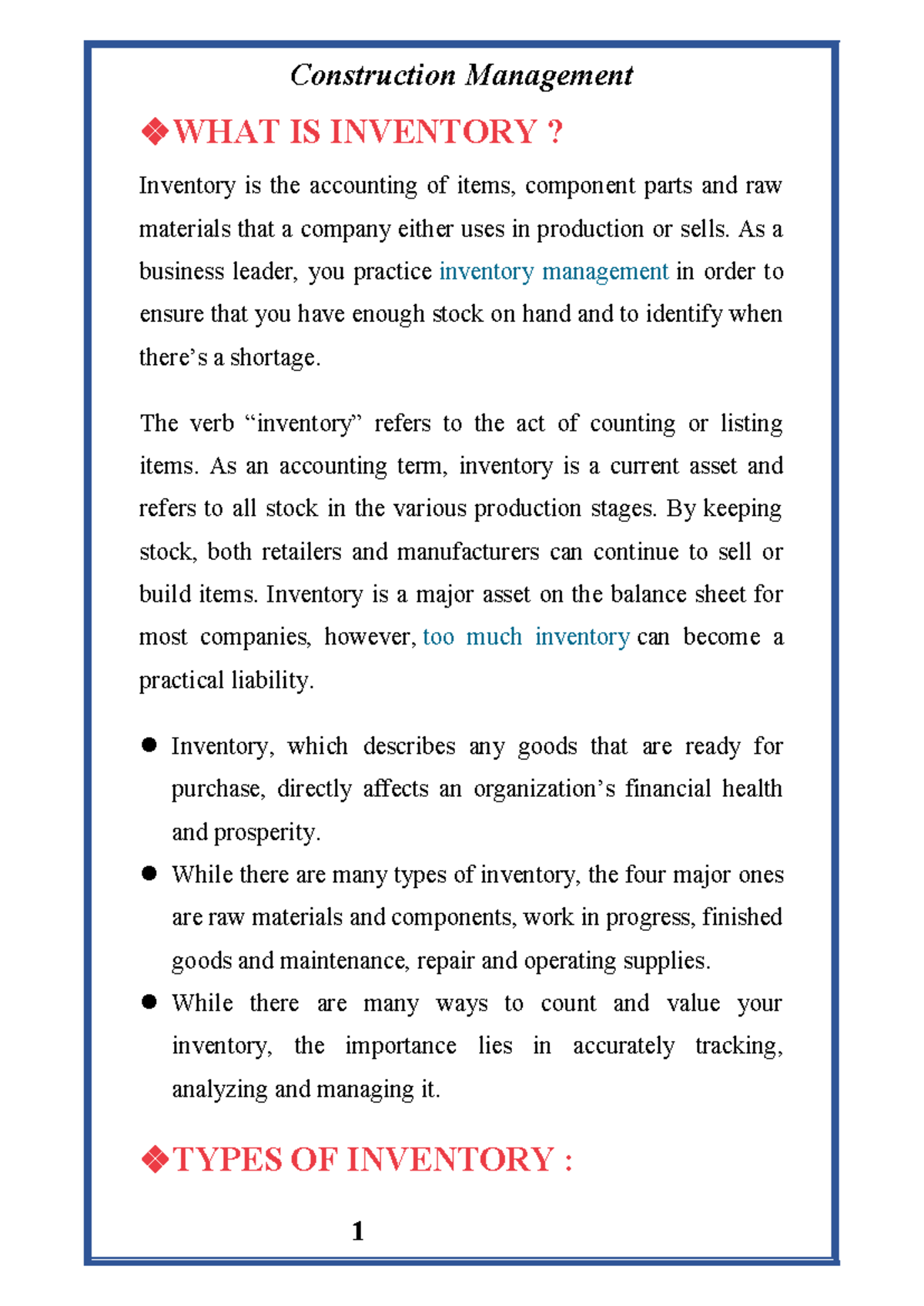 Cma mp - WHAT IS INVENTORY? Inventory is the accounting of items ...