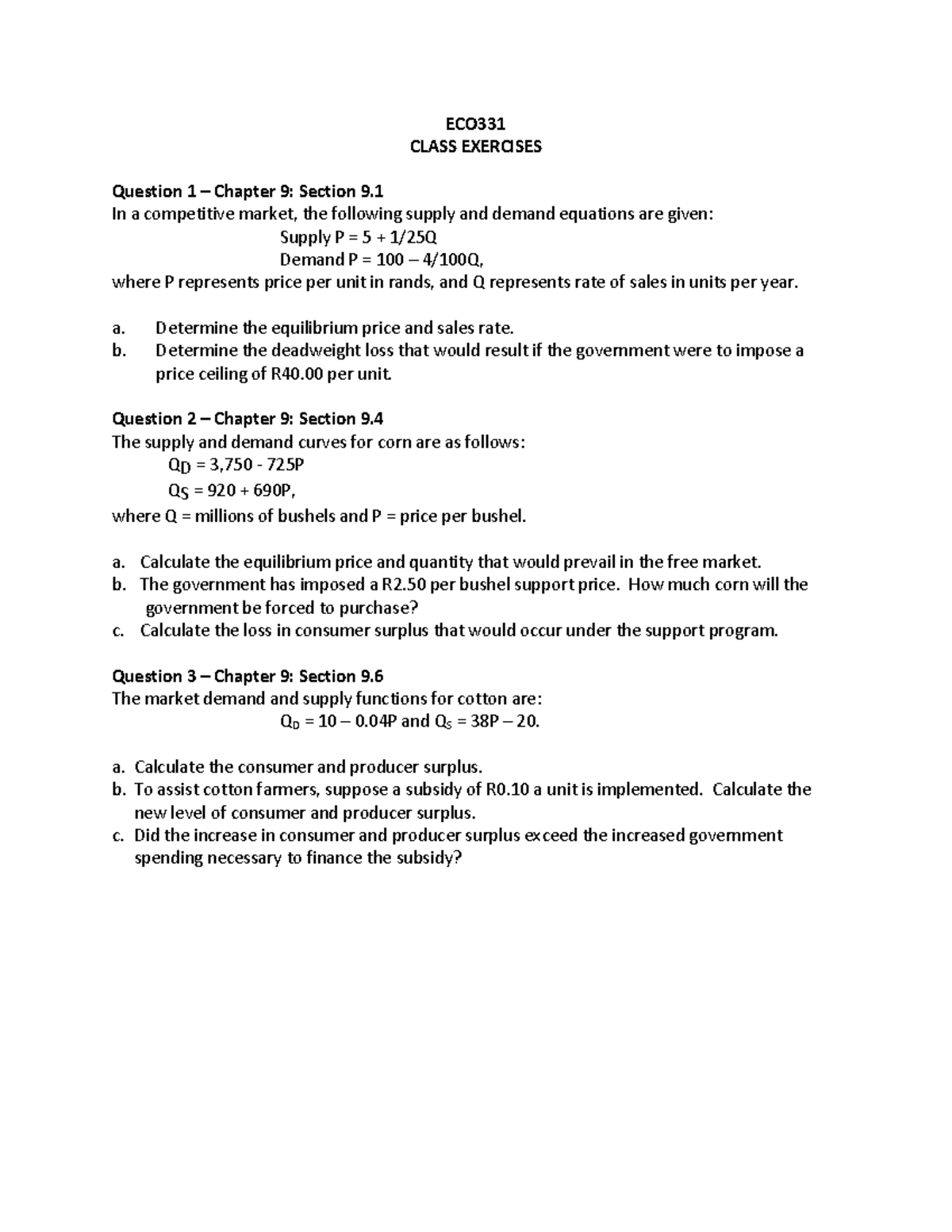 Week03- Class Exercises-Chapter 9-2024 - ECO CLASS EXERCISES Question 1 – Chapter 9: Section 9 ...