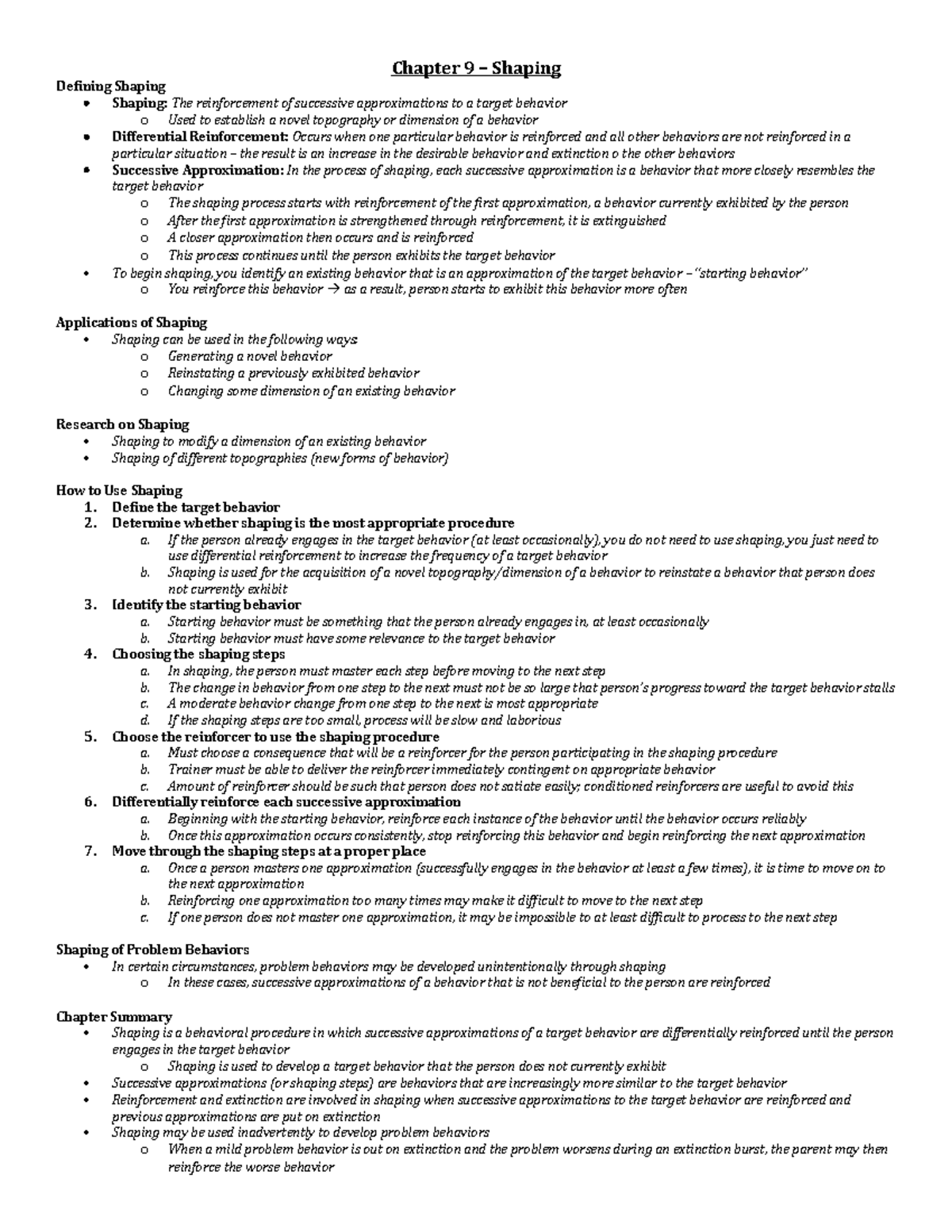 Psych 282 - Chapter 9 - Shaping - Chapter 9 – Shaping Defining Shaping ...