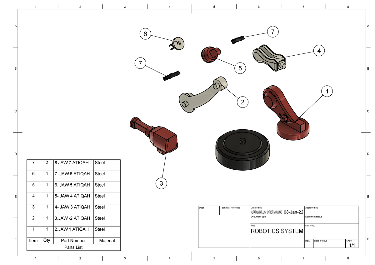 COMPUTER AIDED DESIGN ROBOTIC ARM TECH DRAWING - 1 A 2 3 4 5 6 7 8 1 2 ...