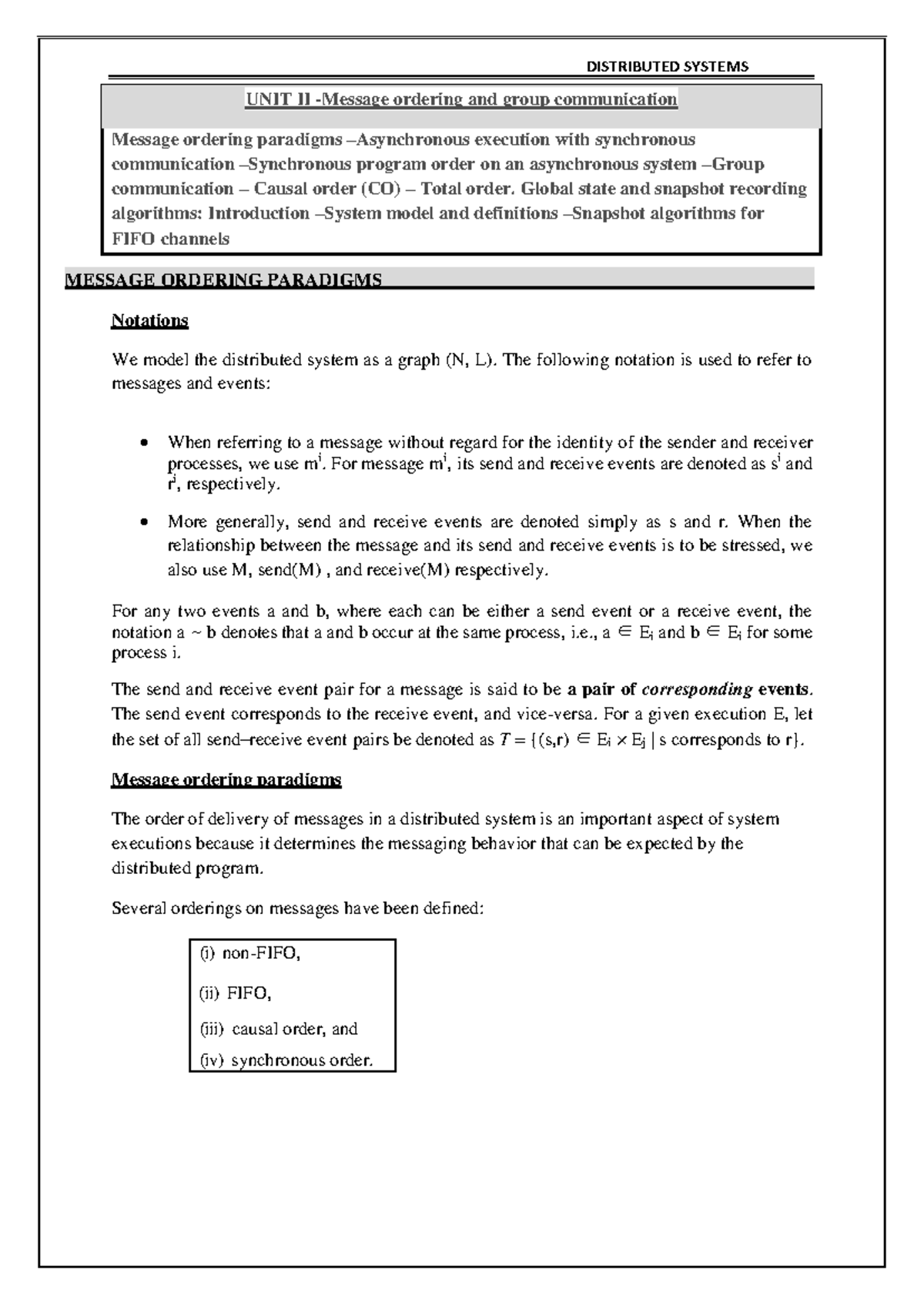 Distributed Systems R19 - UNIT-2 - (i) non-FIFO, (ii) FIFO, (iii) causal order, and (iv ...