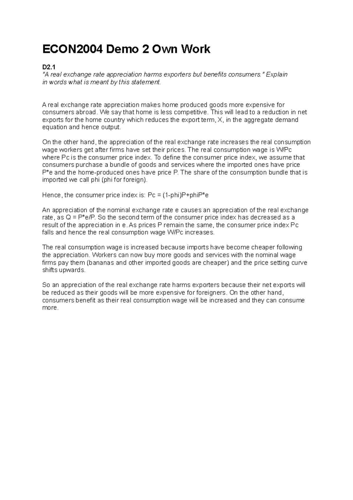 ECON2004 Term 2 Demo 2 - ECON2004 Demo 2 Own Work D2. "A real exchange rate appreciation - Studocu