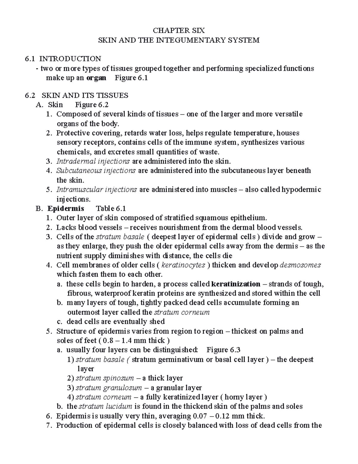Chapter SIX-225 - Notes - CHAPTER SIX SKIN AND THE INTEGUMENTARY SYSTEM ...