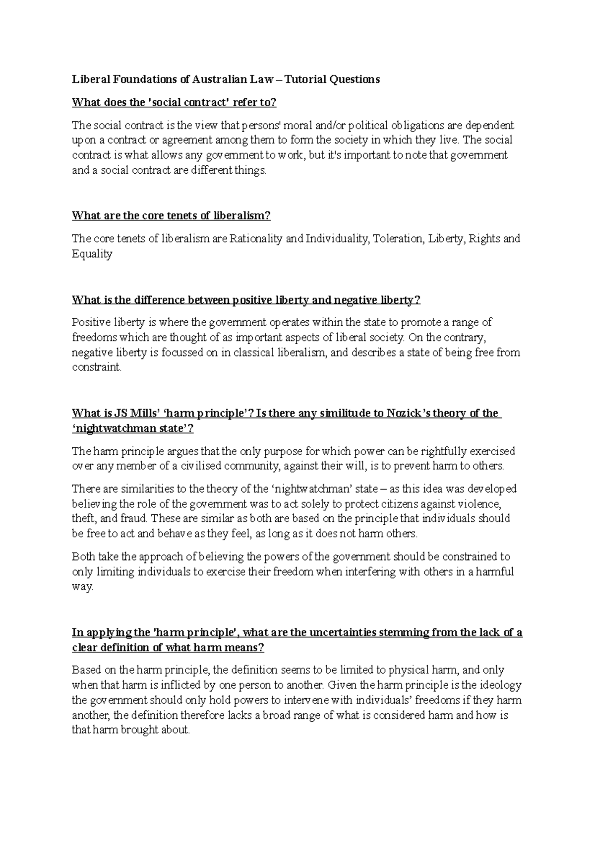 Liberal Foundations of Australian Law - Tutorial Questions - The social ...