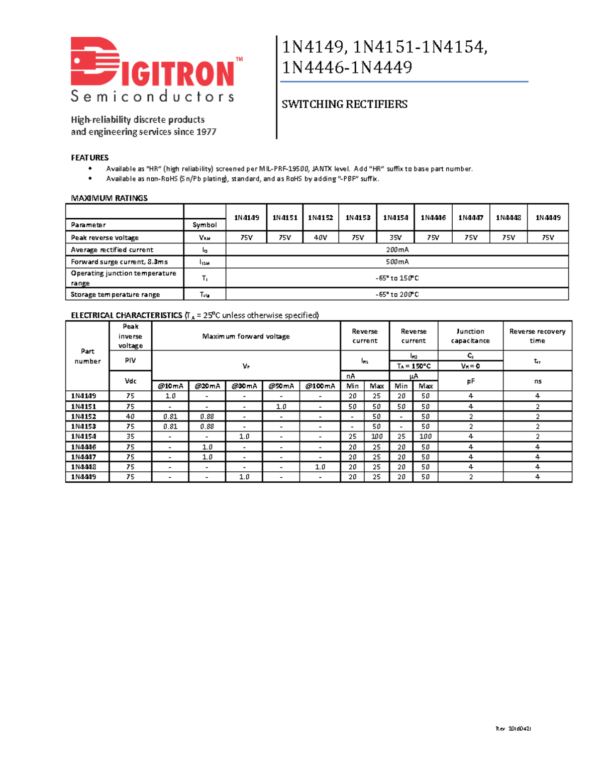1N4149 2c 1N4151 1N4154 2c 1N4446 1N4449 - High-reliability discrete ...