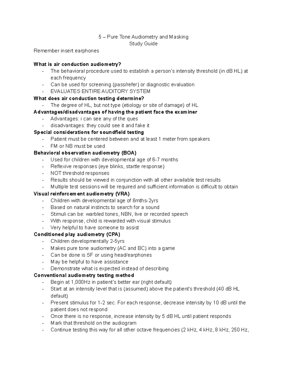 COMD 390 - Chapter 5 - Lecture Notes - 5 – Pure Tone Audiometry and ...