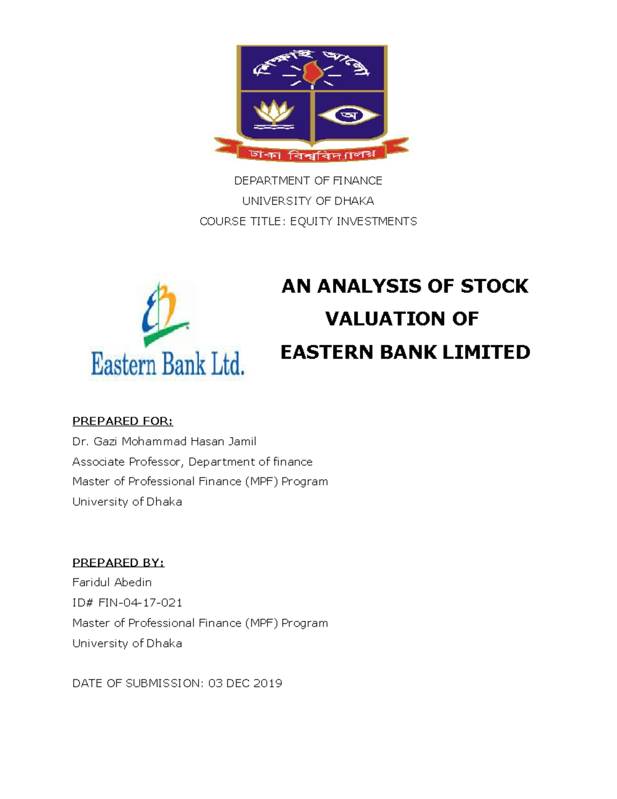 EBL Stock Analysis - Valuation - DEPARTMENT OF FINANCE UNIVERSITY OF ...