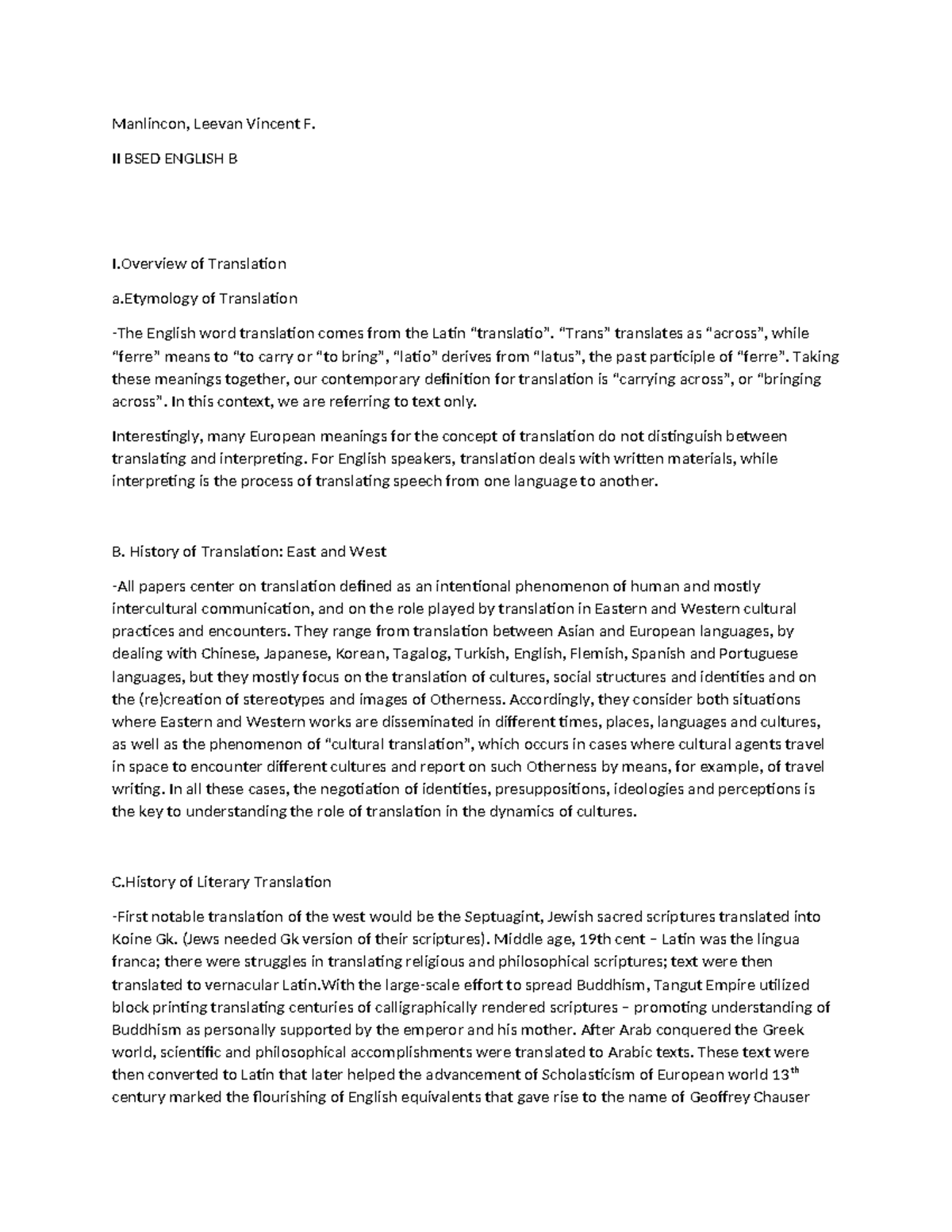 Overview OF Translation Leevan Vincent F - Manlincon, Leevan Vincent F. II BSED ENGLISH B I of ...