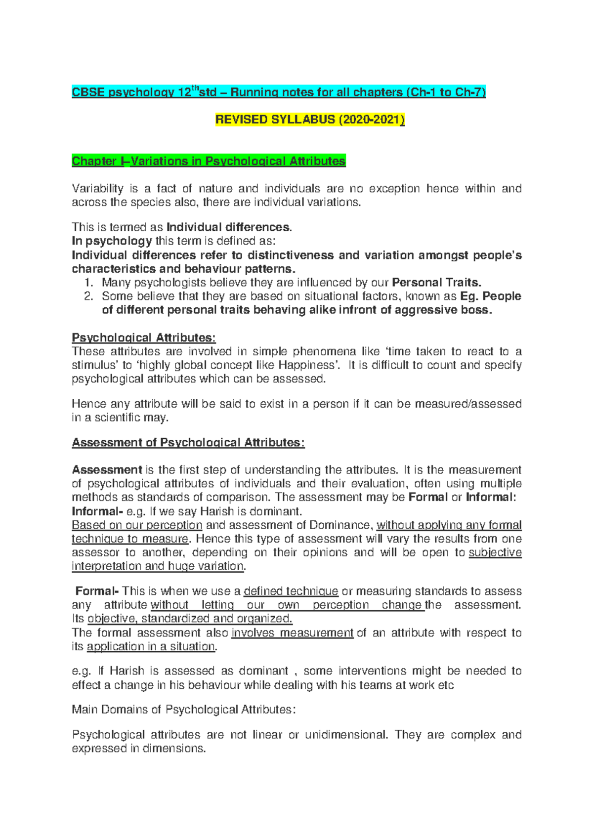 Copy of running notes psychology edited - CBSE psychology 12 th std ...