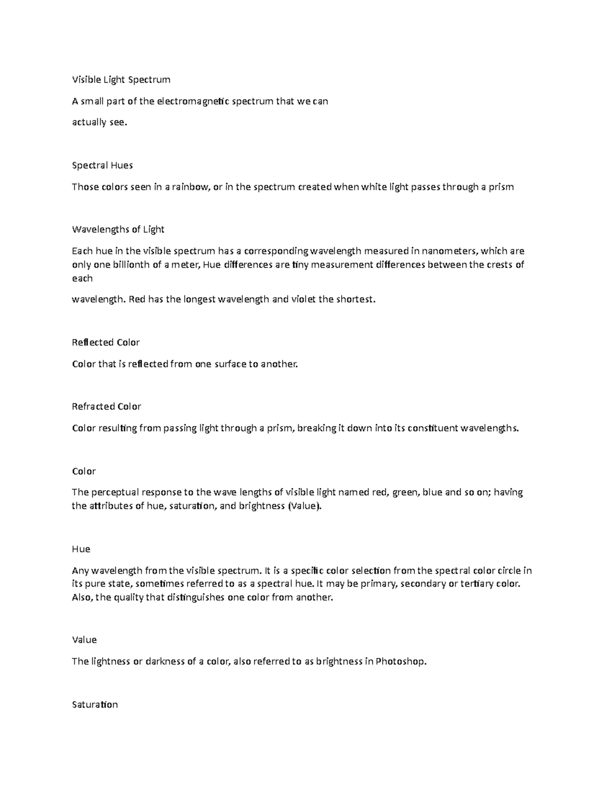 Visual studies lecture notes 2 - Visible Light Spectrum A small part of ...