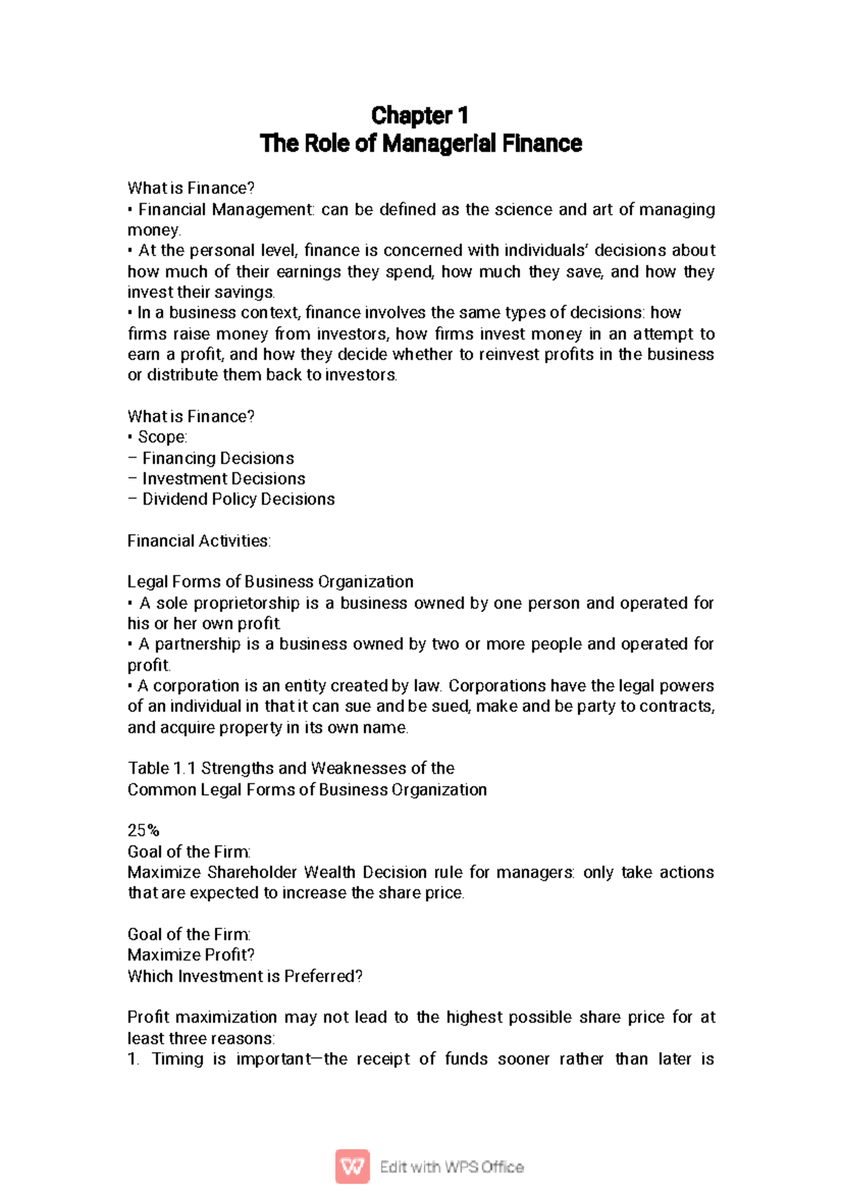 Intro to FM - Lecture notes - Chapter 1 The Role of Managerial Finance ...