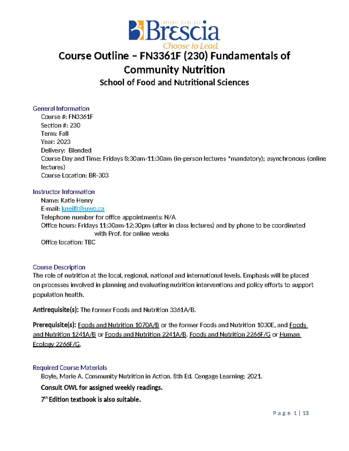 Course Outline - FN3361F 230 Fall 2023docx - Course Outline – FN3361F ...