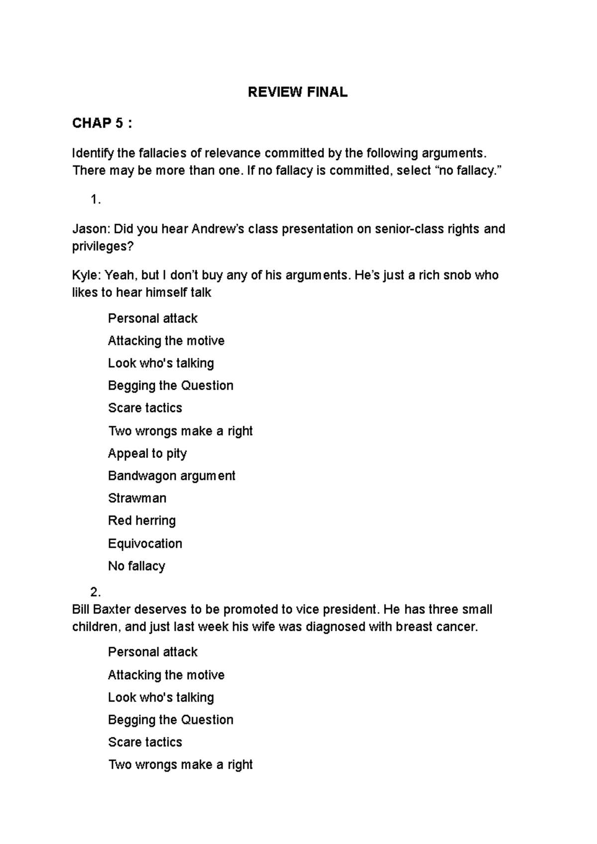 Final-practice critical thinking - REVIEW FINAL CHAP 5 : Identify the ...