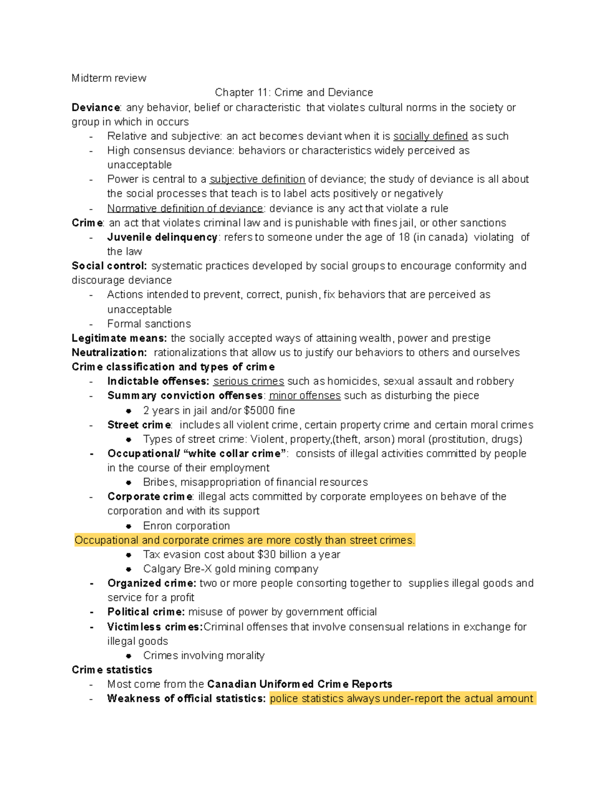 Chapter 11 - Midterm review Chapter 11: Crime and Deviance Deviance ...