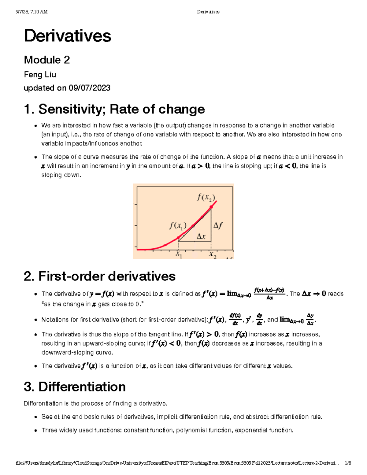Lecture 2 Derivatives - Derivatives Module 2 Feng Liu updated on 09/07/ 1. Sensitivity; Rate of ...