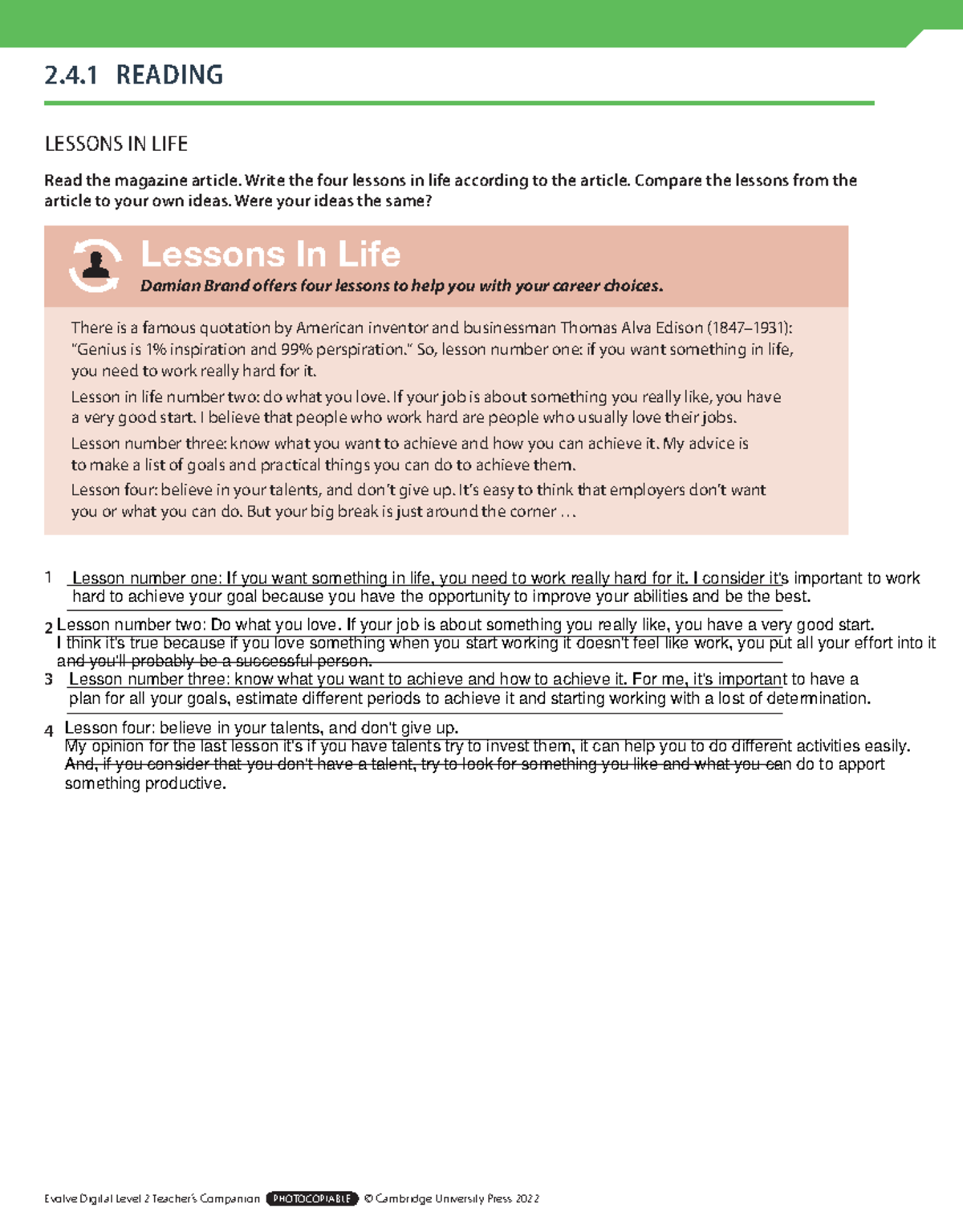 Worksheet Reading E2 UNIT 2 - LESSONS IN LIFE Read the magazine article ...
