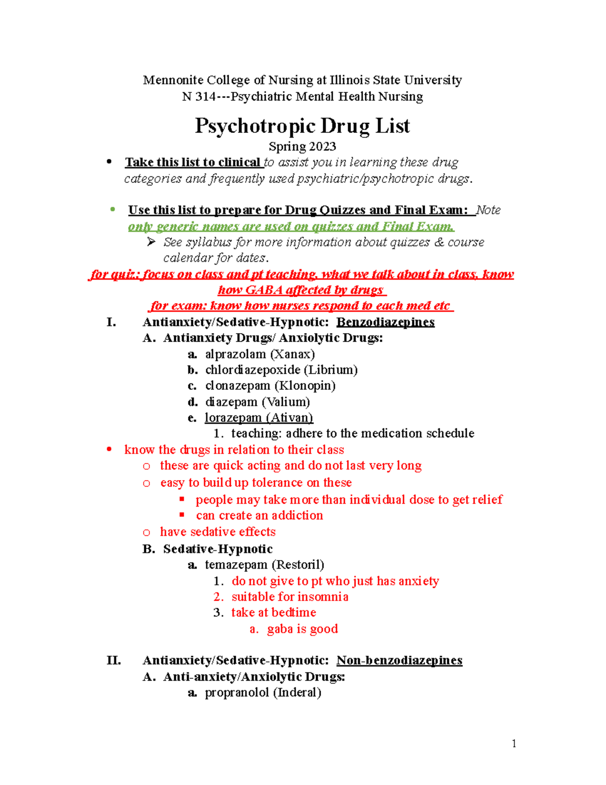 Psychotropic drug list- wk 2 - Mennonite College of Nursing at Illinois ...