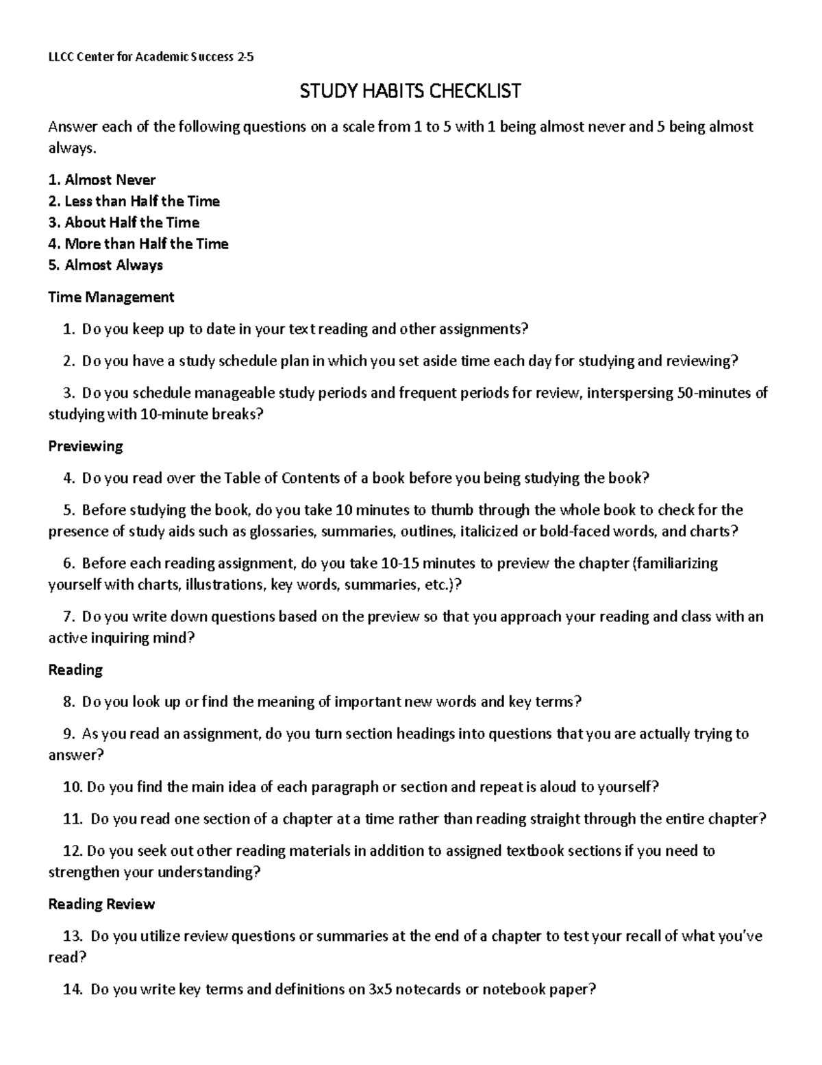 2 5 Study Habits Checklist fillable - LLCC Center for Academic Success ...