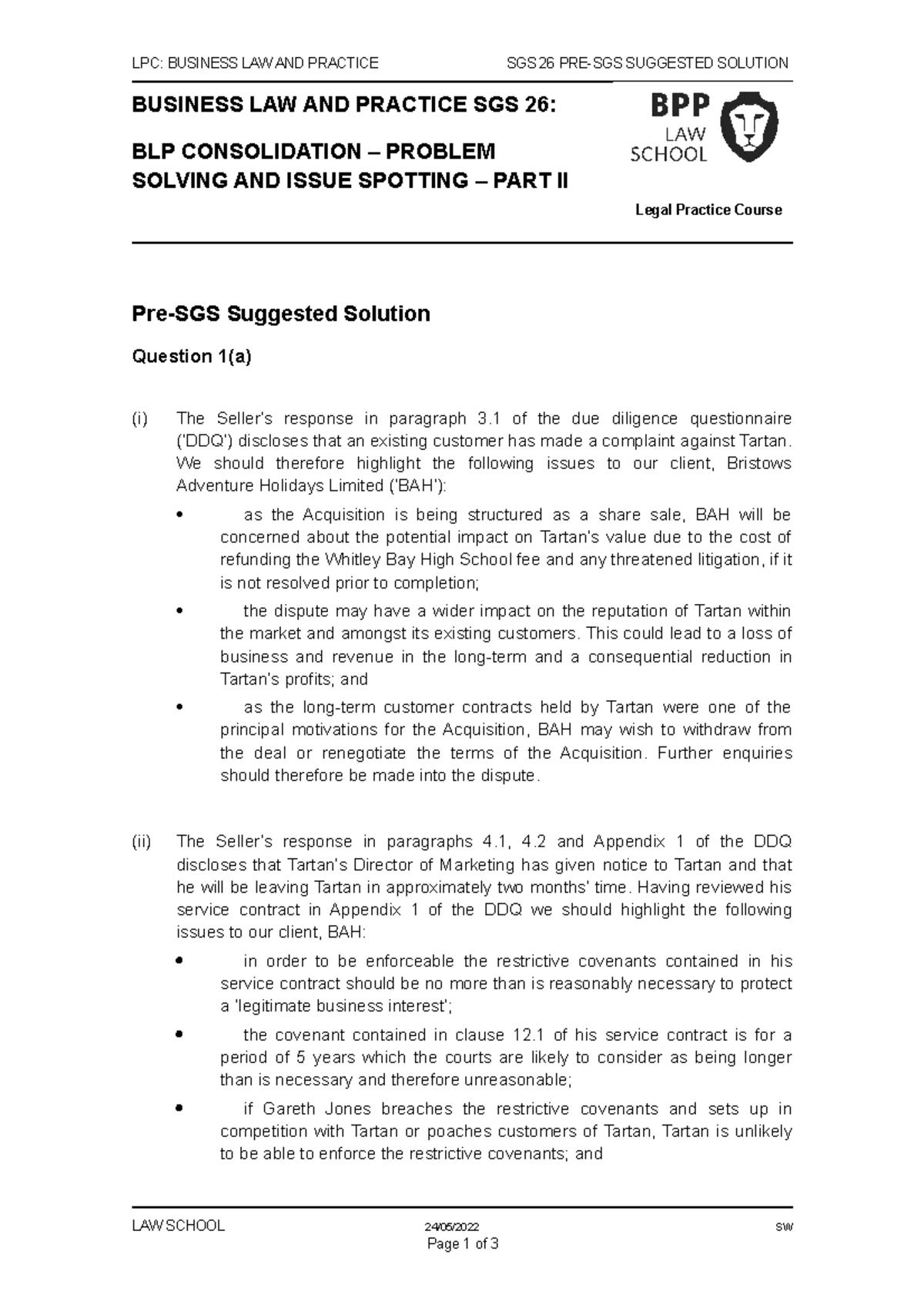 26 solutions - Matt Roden - LPC: BUSINESS LAW AND PRACTICE SGS 26 PRE ...