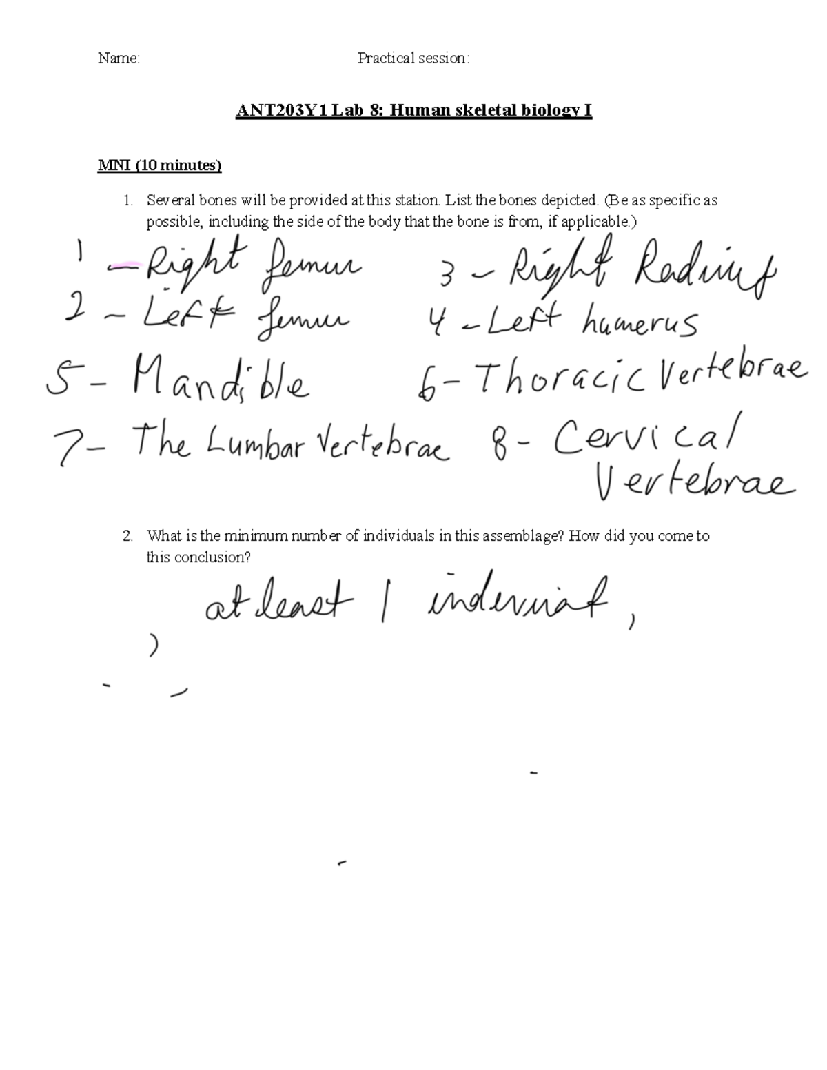 ANT203 Practical 8 - ANT203Y1 Lab 8 : Human skeletal biology I MNI (10 ...