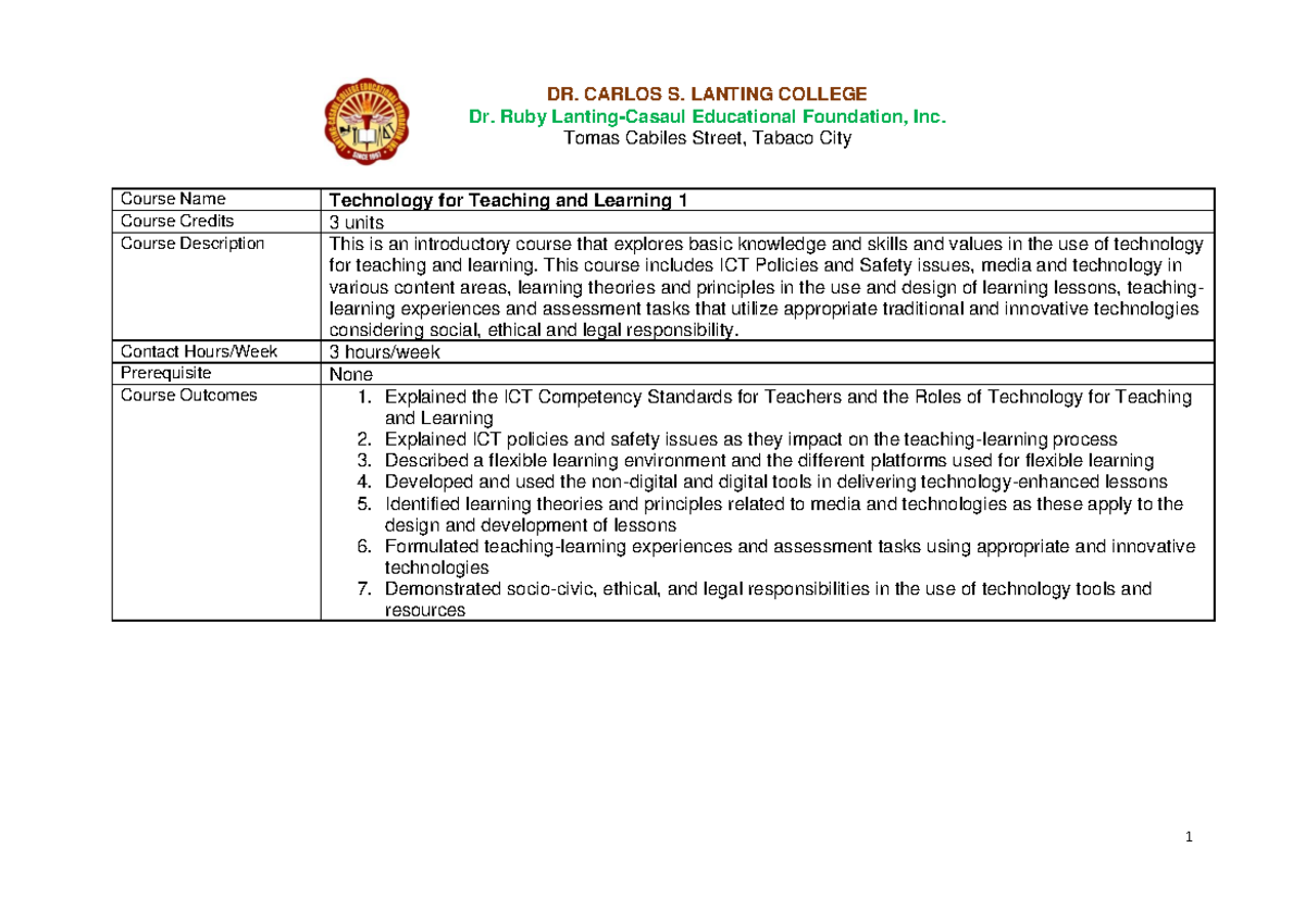 Syllabus-Technology-for-Teaching-and-Learning-1 Students - Course Name ...