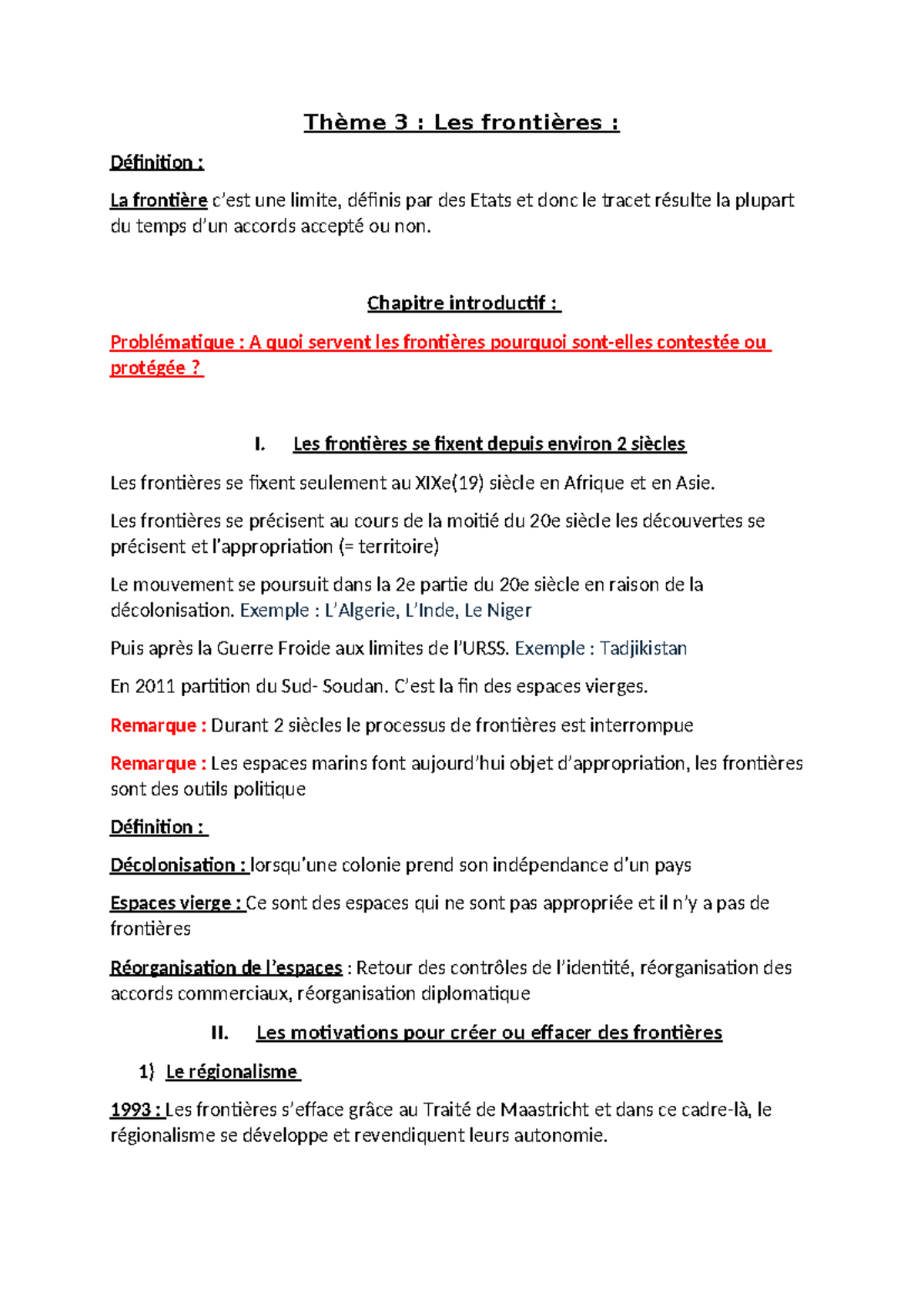 Thème 3 Les Frontieres - Thème 3 : Les frontières : Définition : La ...