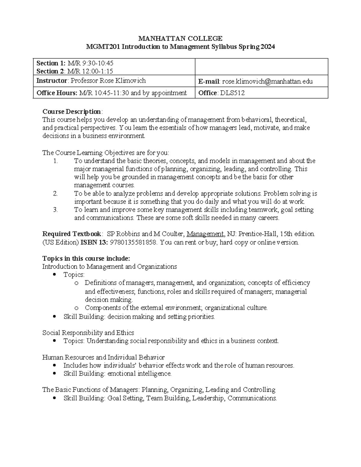 IM Syllabus S24 - MANHATTAN COLLEGE MGMT201 Introduction to Management ...