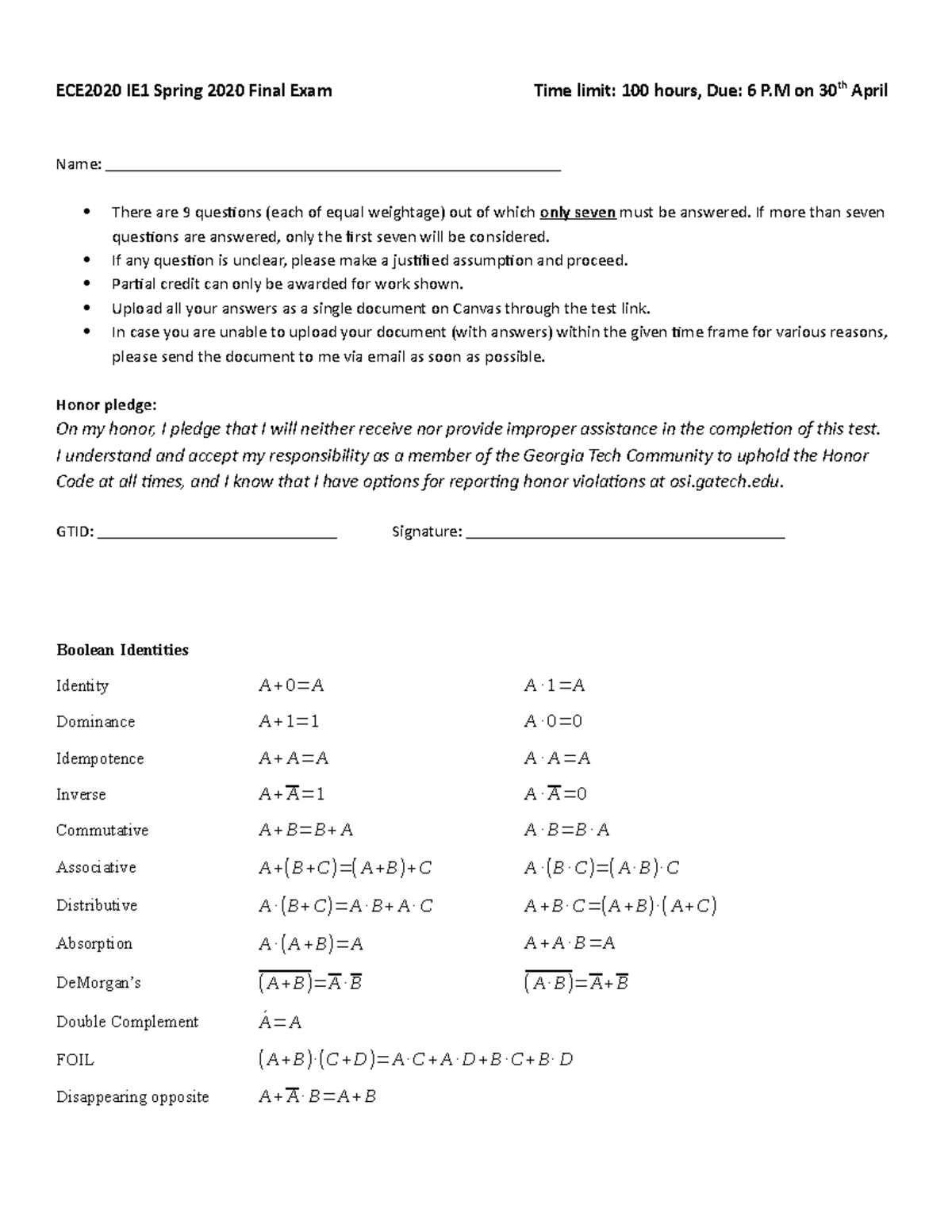 Final, questions and answers - ECE2020 IE1 Spring 2020 Final Exam Time limit: 100 hours, Due: 6 ...