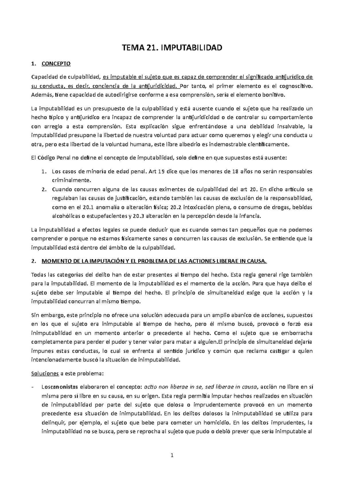TEMA 21. Imputabilidad - TEMA 21. IMPUTABILIDAD 1. CONCEPTO Capacidad ...