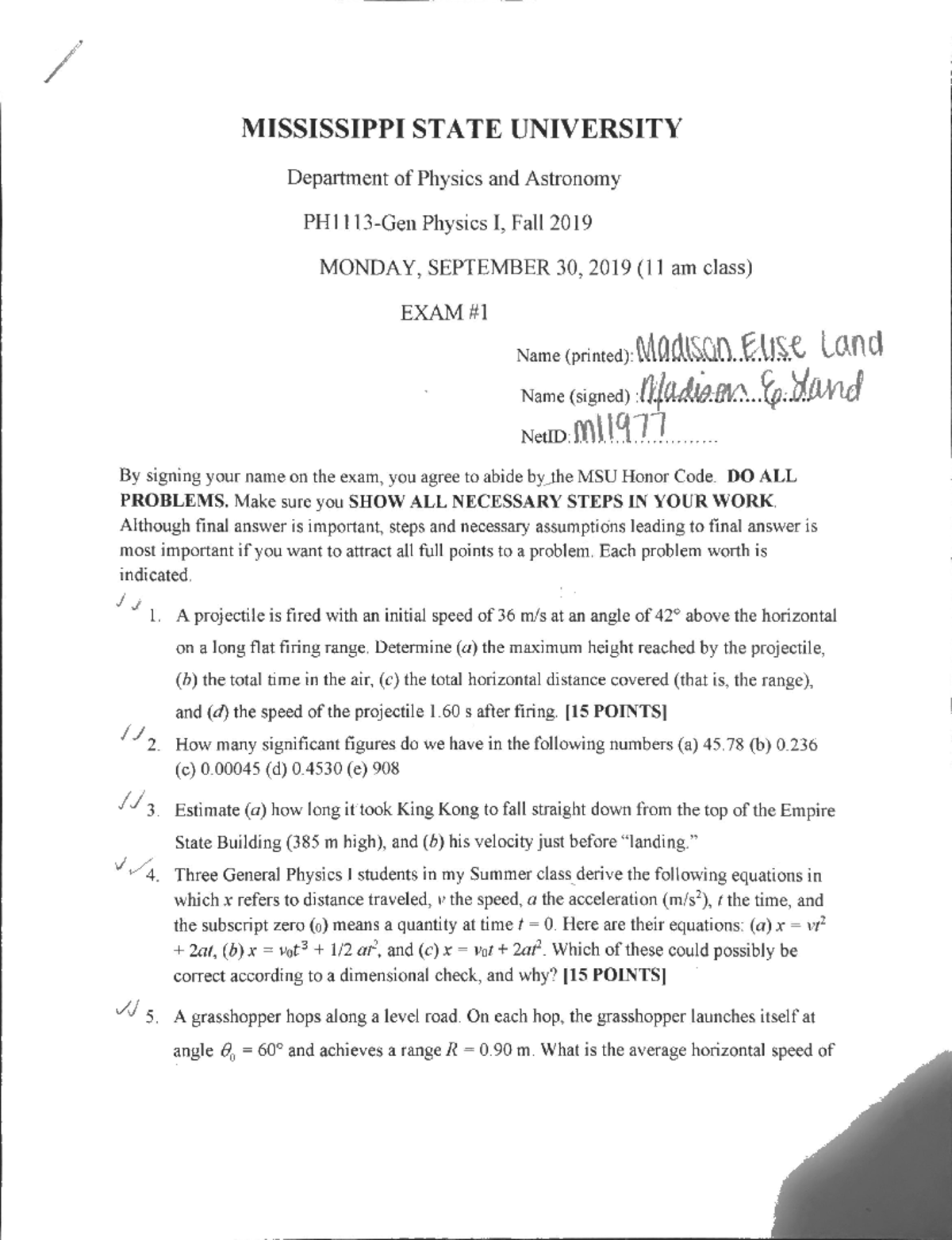 PH 1113 Exam 1 fall 2019 - test review - PH 1113 - Mississippi State ...