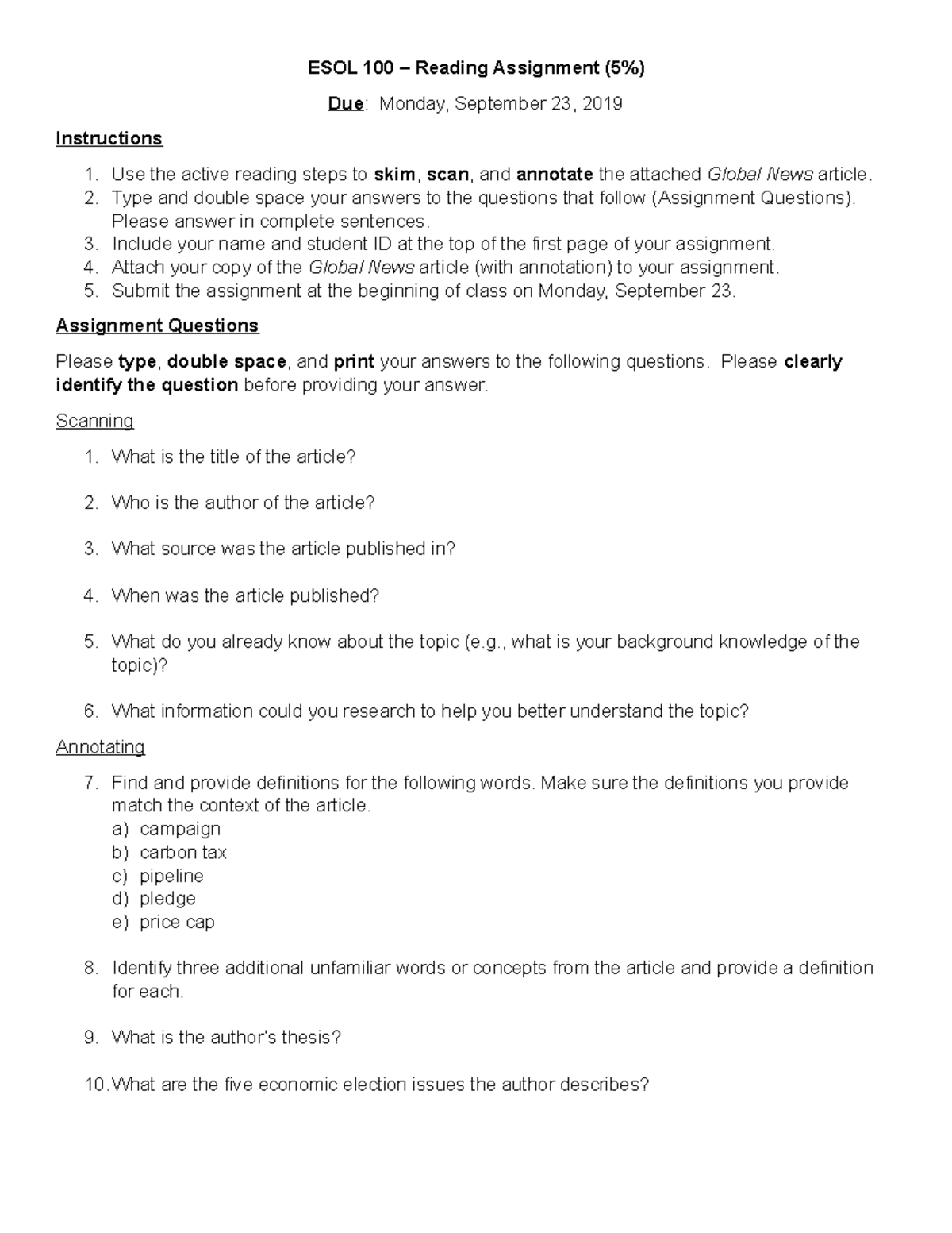 ESOL 100 N1C and N2B (Fall 2019 ) Reading Assignment - ESOL 100 ...