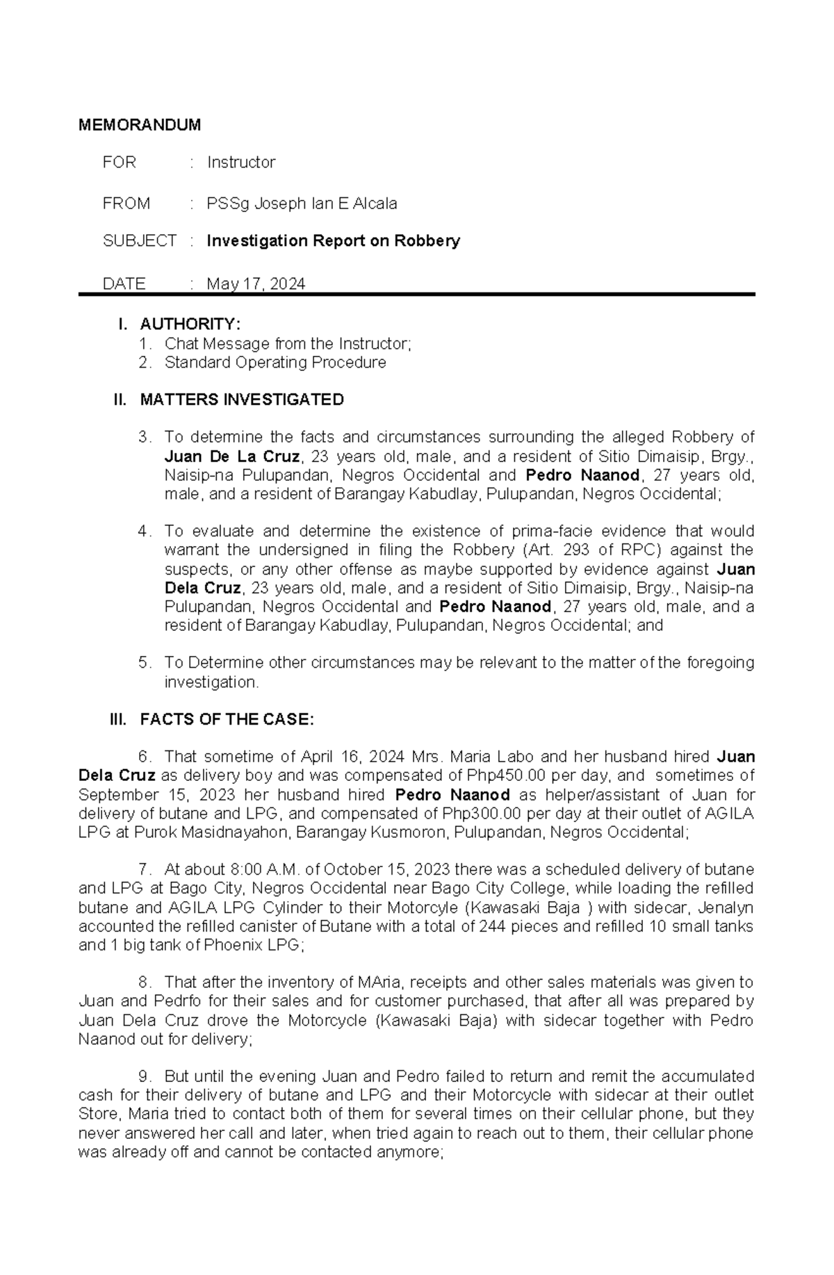 Investigation Report PSSg Joseph Ian E Alcala - MEMORANDUM FOR ...