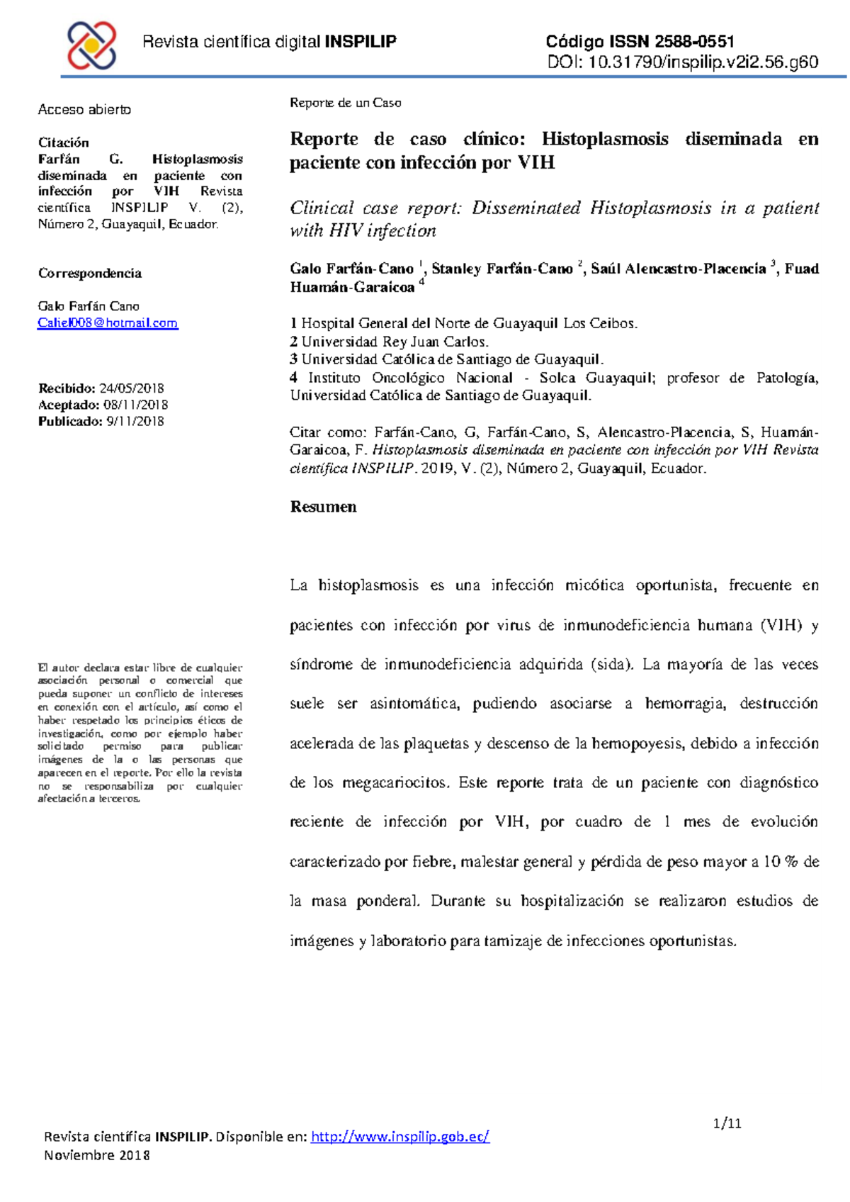 Histoplasmosis diseminada en paciente con infección por VIH - 1/ DOI: 10.31790/inspilip.v2i2.56 ...