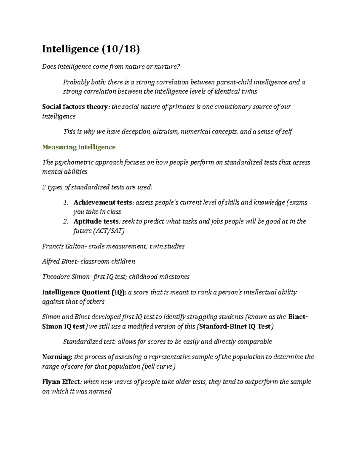 Intelligence-10-18 - Lecture notes exam 3 materials - Intelligence (10/ ...