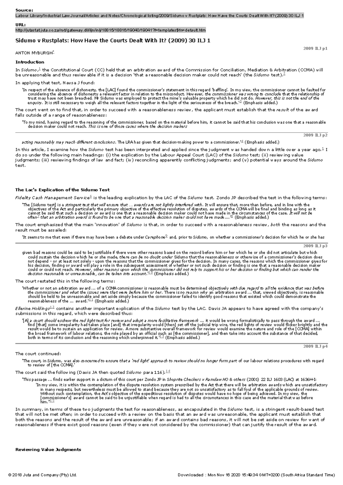 Sidumo v Rustplats How Have the Courts Dealt With It (2009 ) 30 ILJ 1 ...