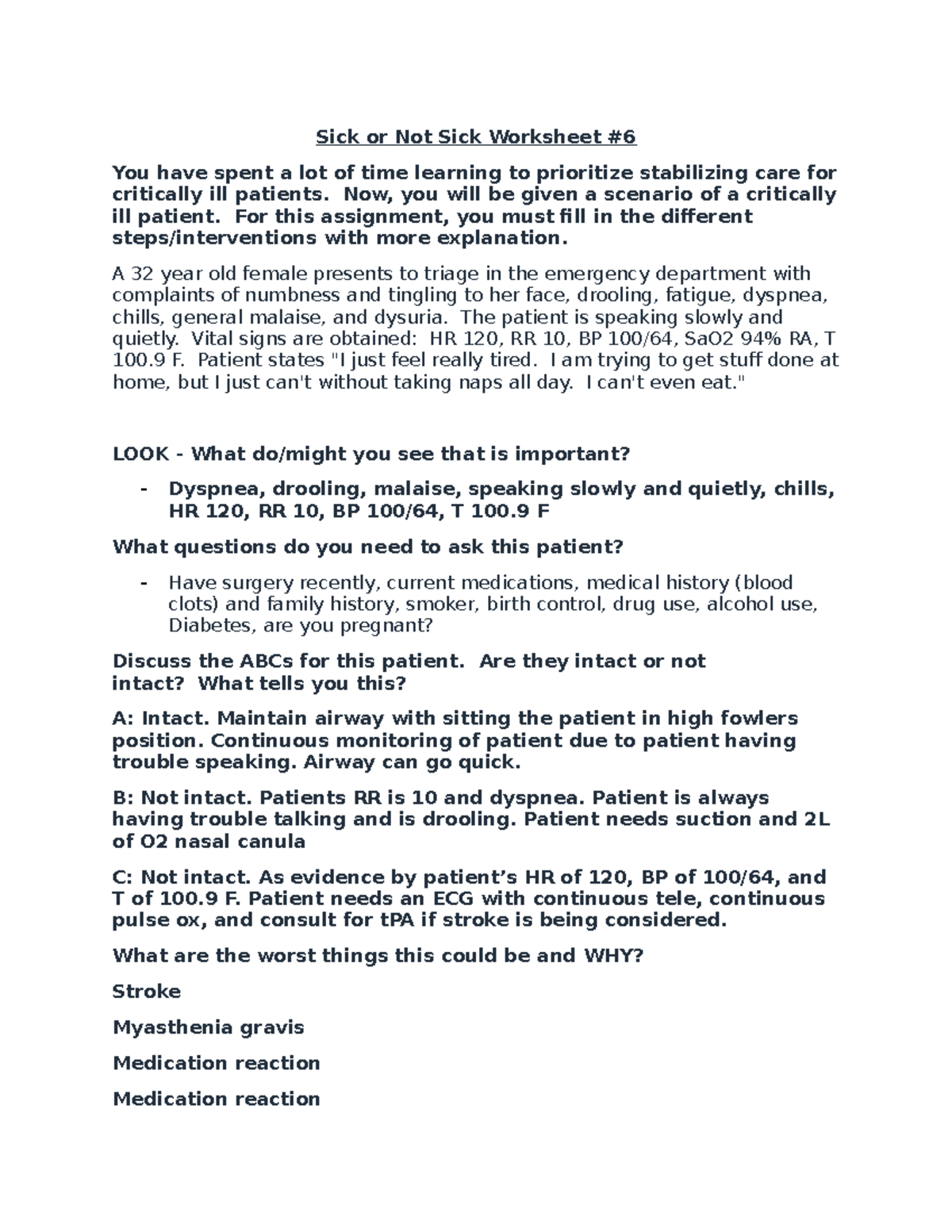 Sick or Not Sick Worksheet 6 - Now, you will be given a scenario of a ...
