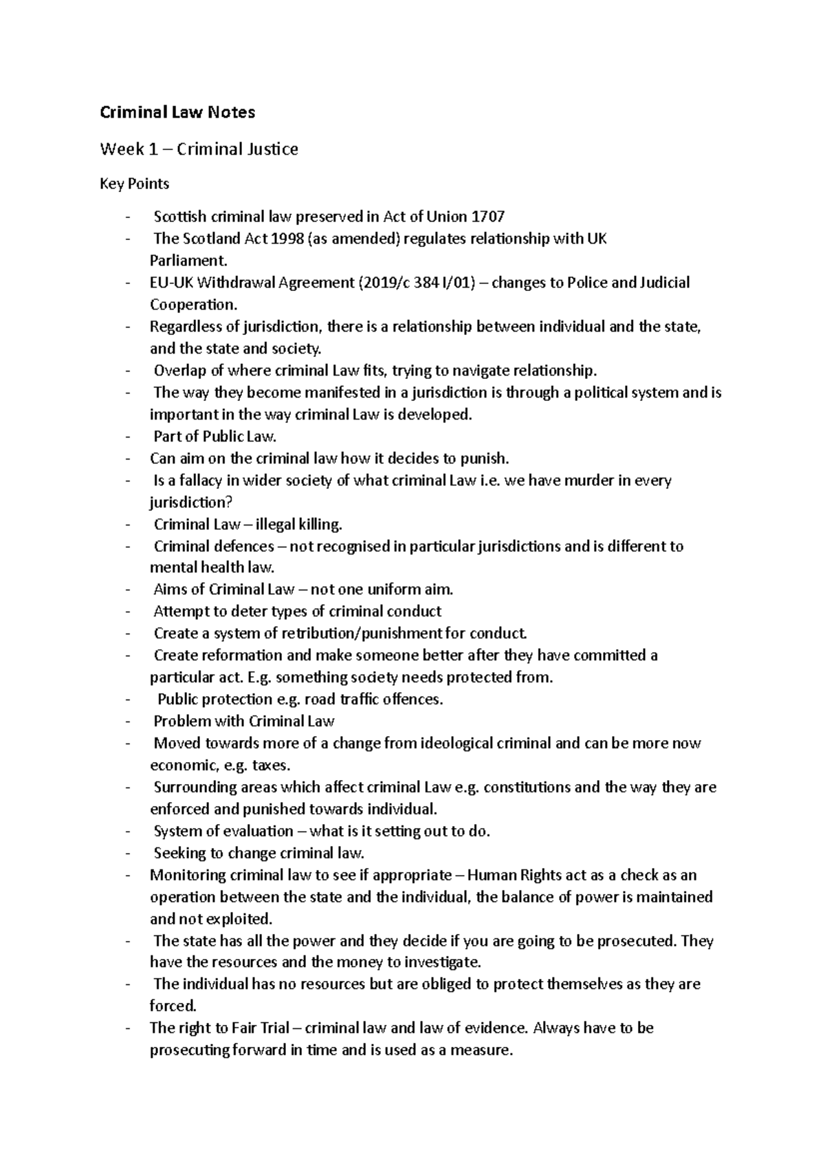 Criminal Law Notes - Criminal Law Notes Week 1 – Criminal Justice Key ...