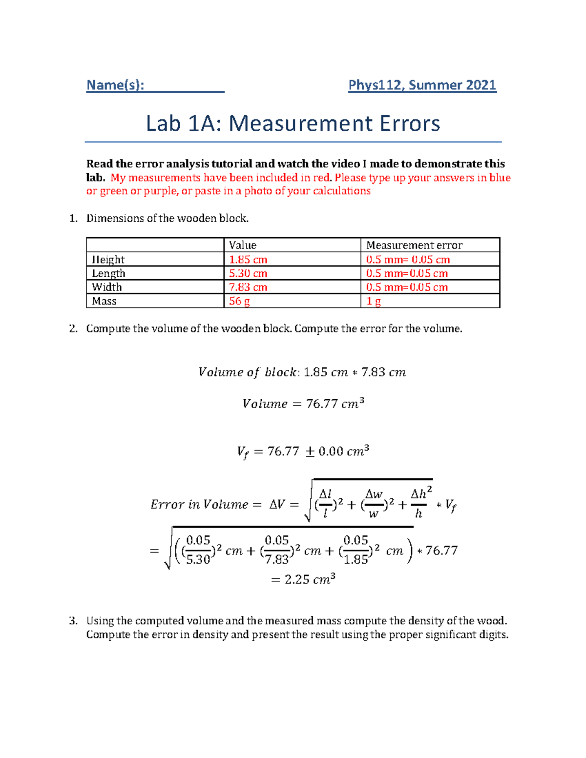 Lab 1A redone - Lab work - Name(s): Phys112, Summer 2021 Lab 1A: Measurement Errors Read the ...