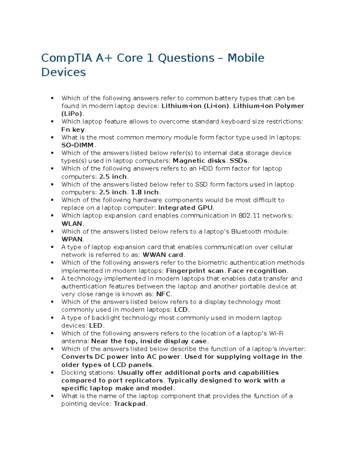 Comp TIA A+ Core 1 Mobile Devices Questions - CompTIA A+ Core 1 ...