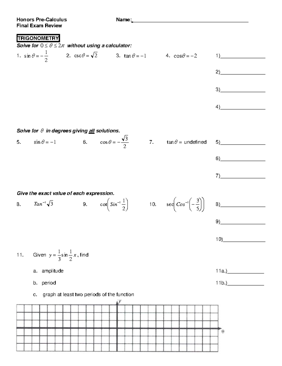 Final Exam Review Packet - ####### Honors Pre-Calculus Name: - Studocu
