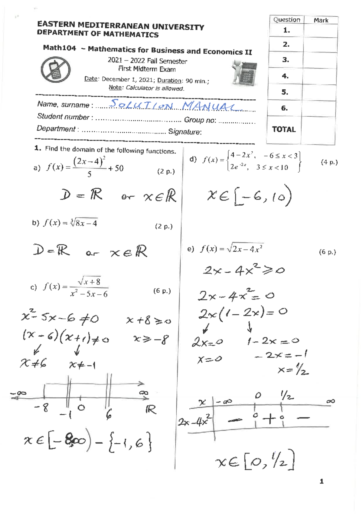 Math104 Midterm Exam 1 Solutions Mathematics For Business And