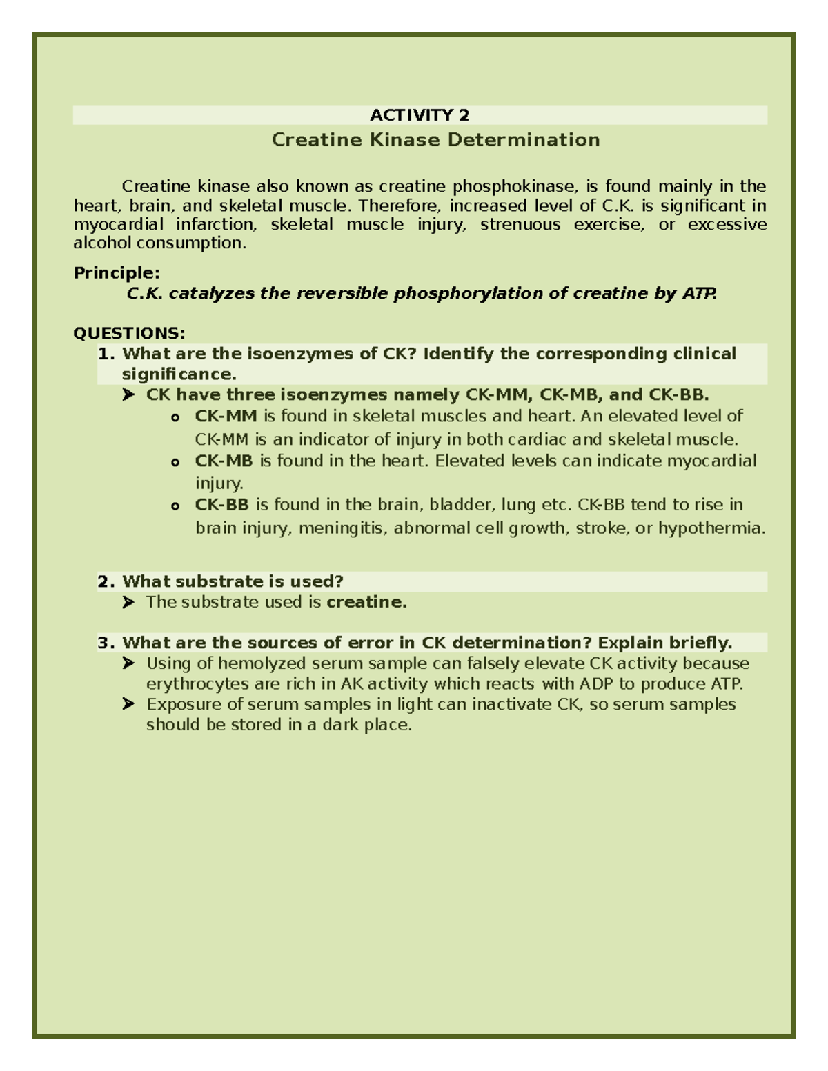 CC2 - Cardiac Enzymes - CC2 - CK determination - ACTIVITY 2 Creatine ...