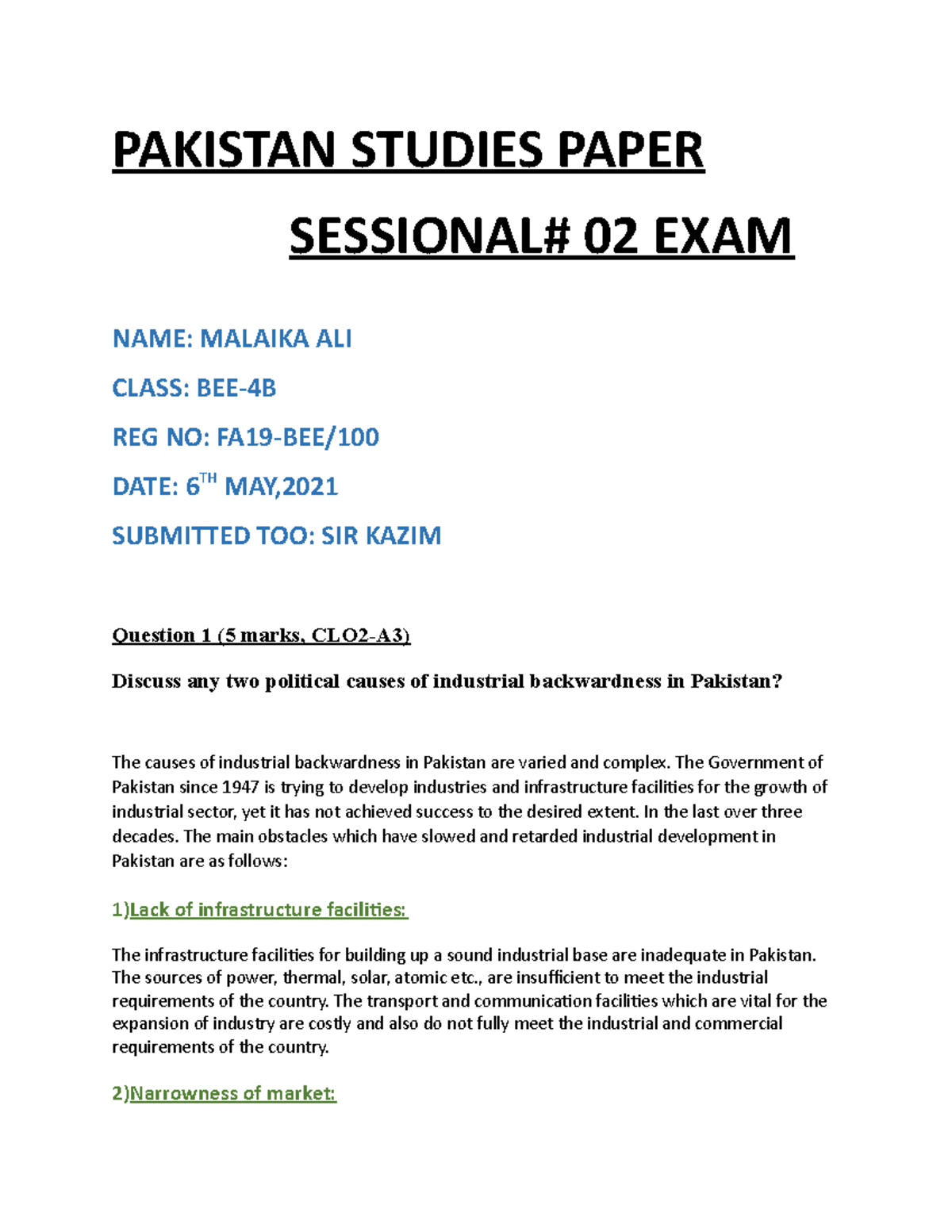 12345 - assignment - PAKISTAN STUDIES PAPER SESSIONAL# 02 EXAM NAME ...