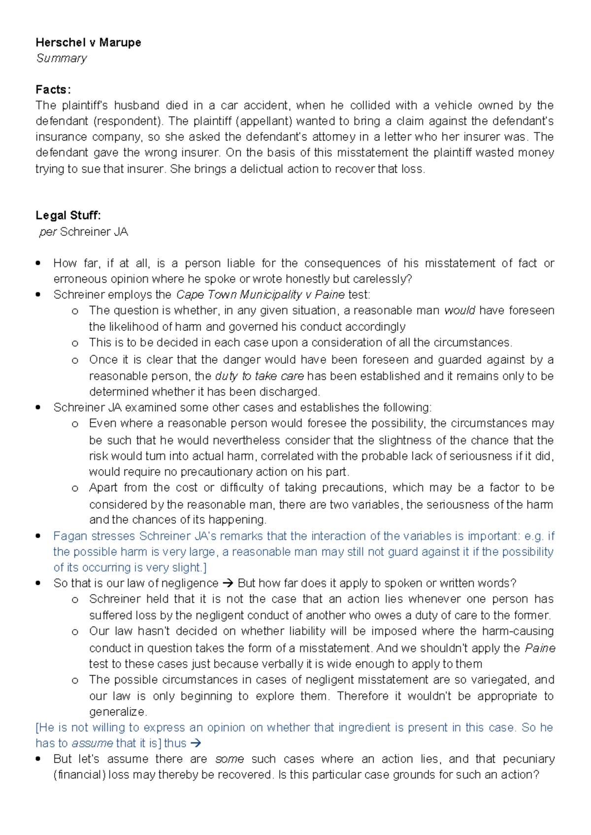 Delict Cases - case summaries - Herschel v Marupe Summary Facts: The ...