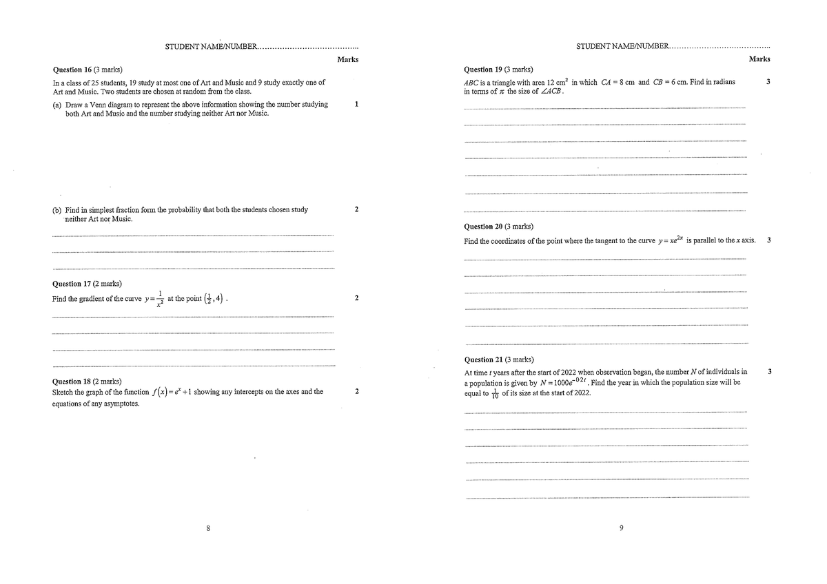Year 11 Adv Math Question - STUDENT STUDENT Marks Marks Question 16 (3 ...