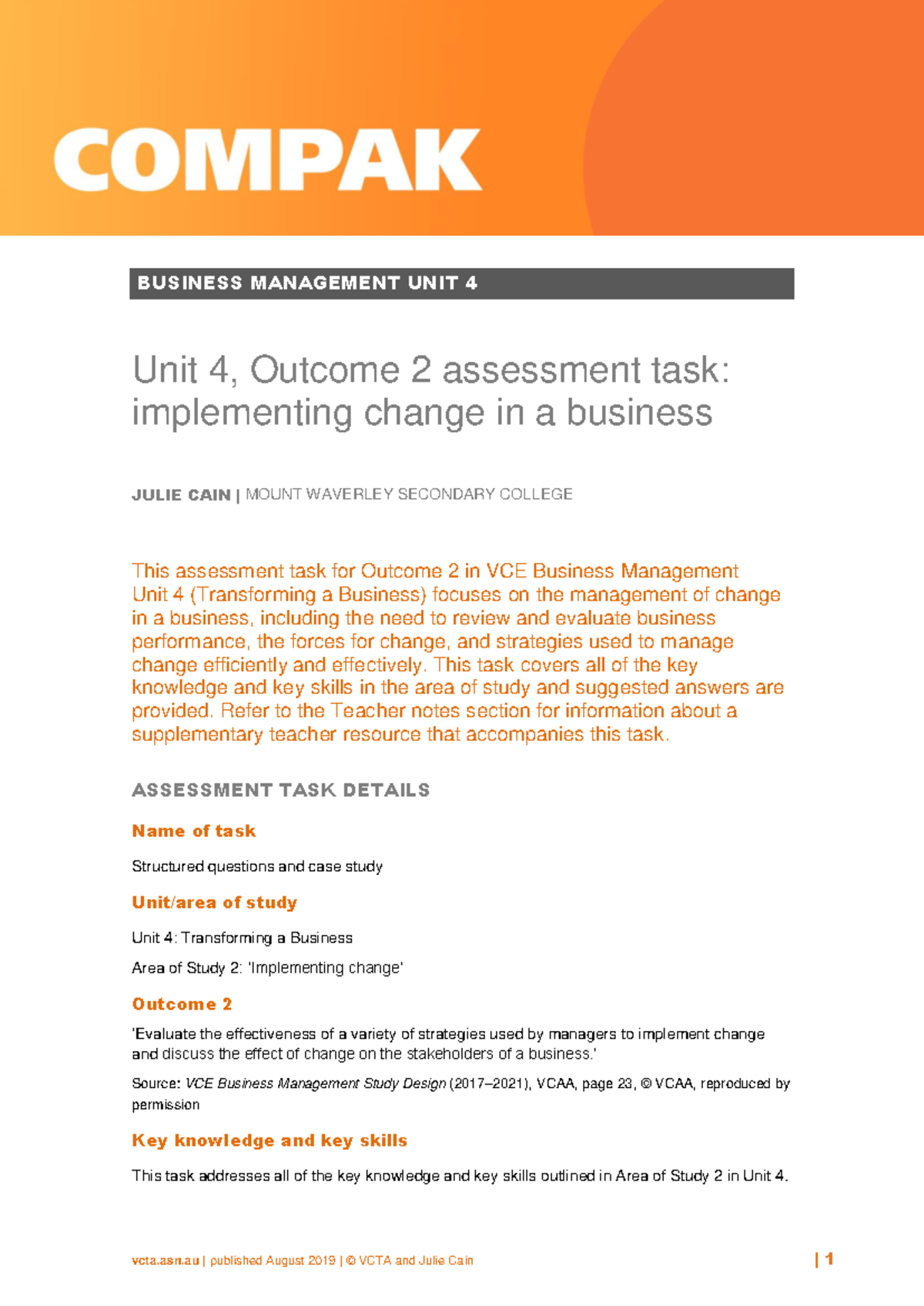 Compak 2019 - BUSINESS MANAGEMENT UNIT 4 Unit 4, Outcome 2 assessment ...