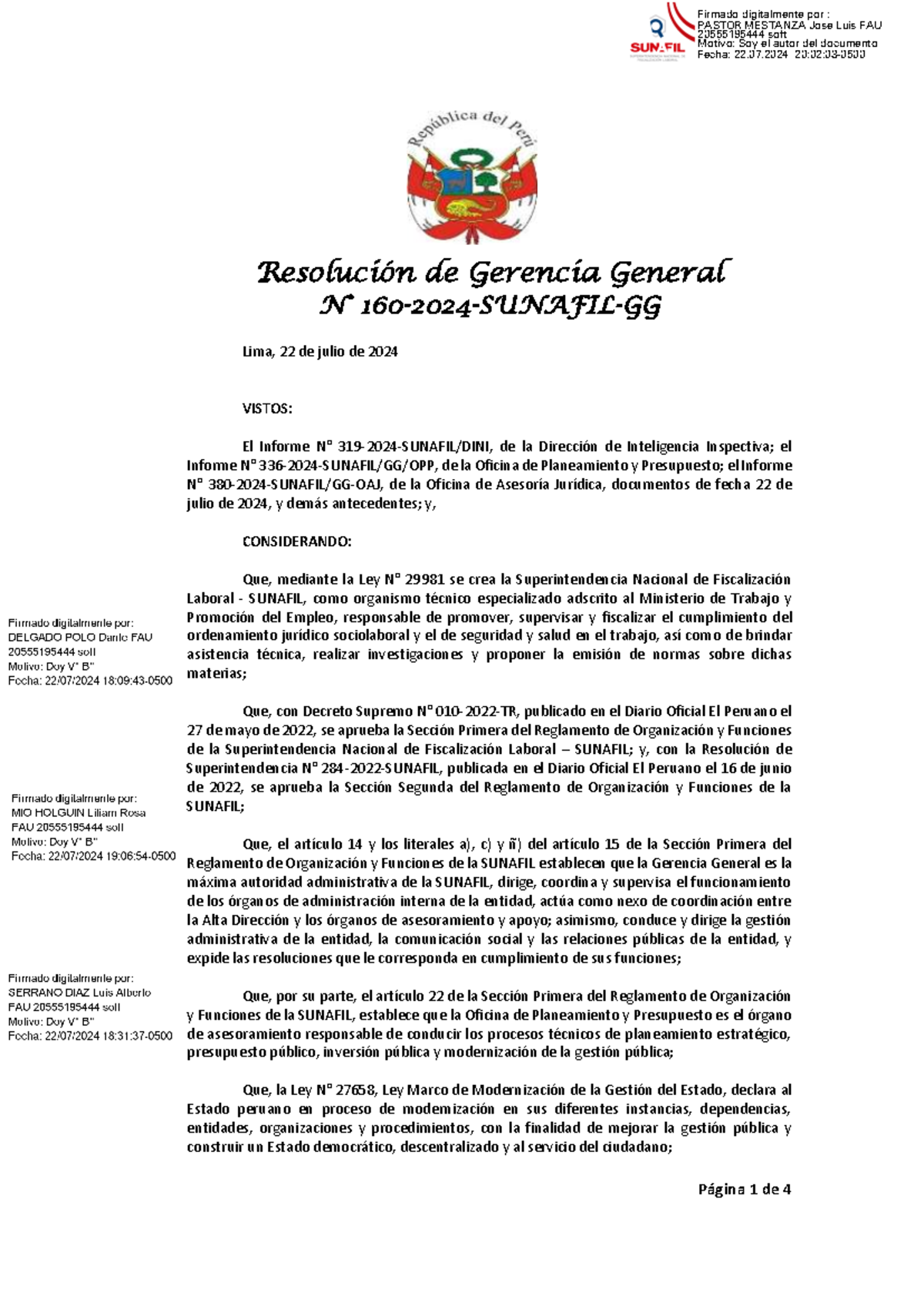 RGG N° 160-2024- Sunafil-GG + Anexo - Página 1 de 4 Resolución de ...