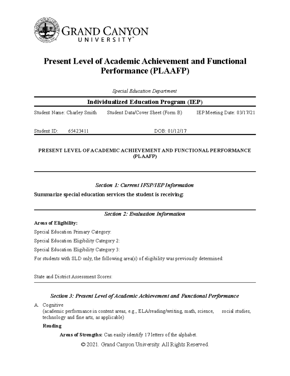 Plaafp (don't use) - Present Level of Academic Achievement and ...