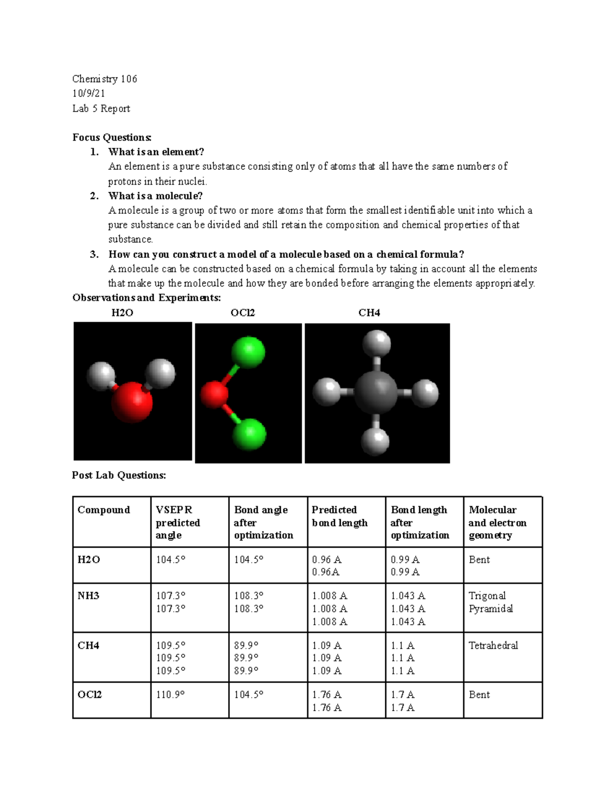 Lab 5 report How can we build molecules? - Chemistry 106 Lab 5 Report ...