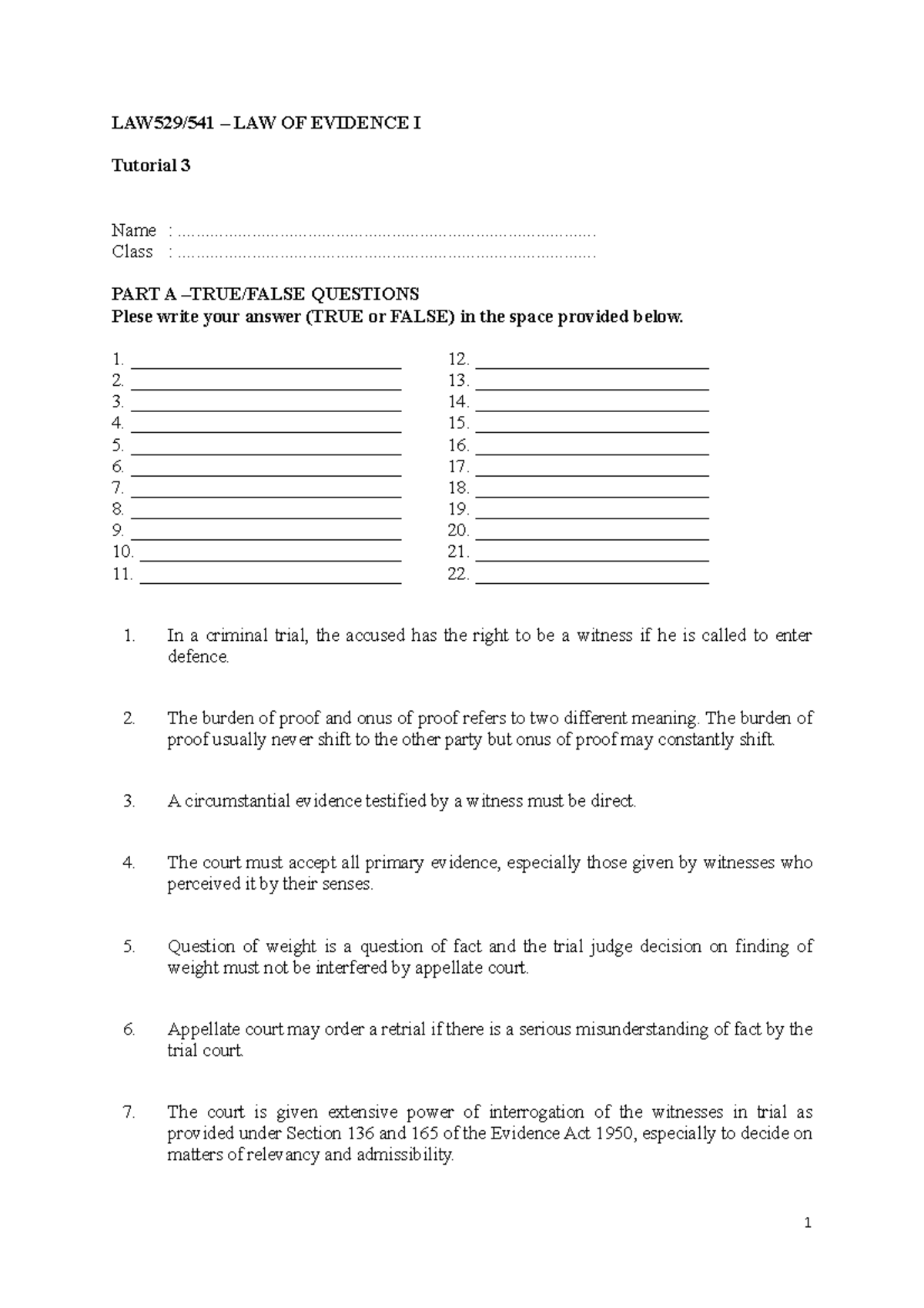 LAW529 - Tutorial 3 - Tuto - LAW529/541 – LAW OF EVIDENCE I Tutorial 3 ...
